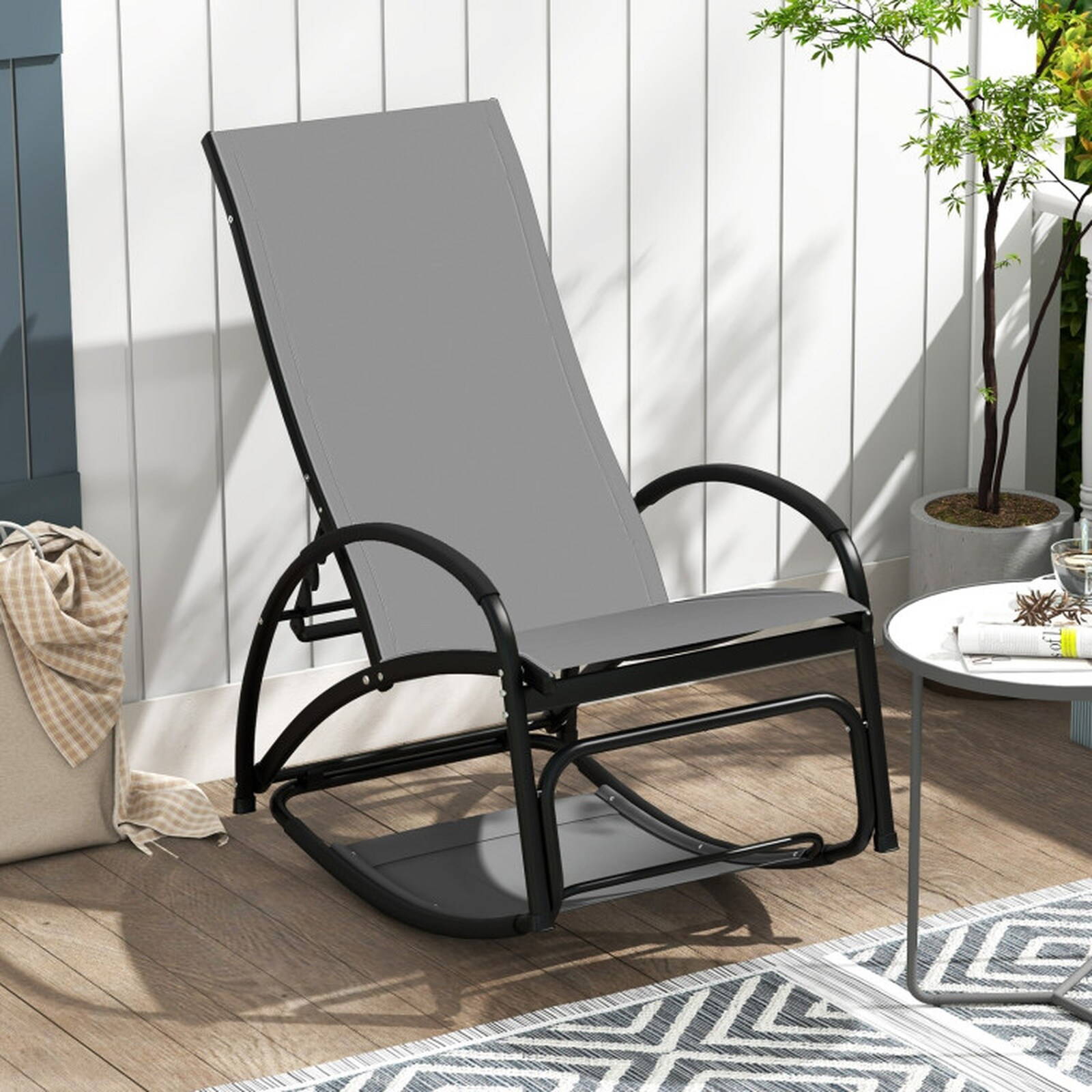 SUGIFT 2-in-1 Gray Aluminum Patio Rocking Lounge Chair with 4-Position ...