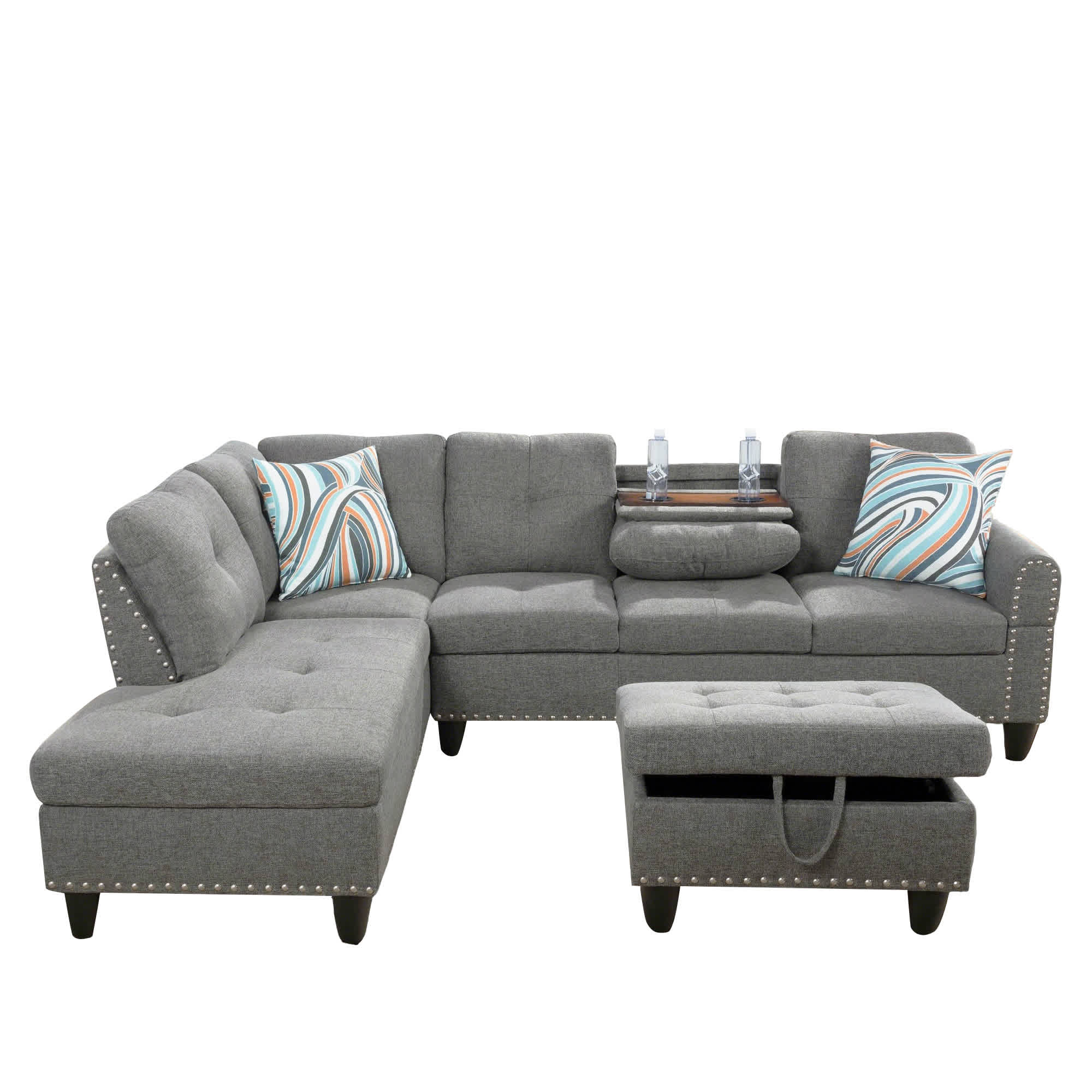 Misty Moon 3-Piece Set of Grey Linen Sectional Sofa L-Shaped Living ...