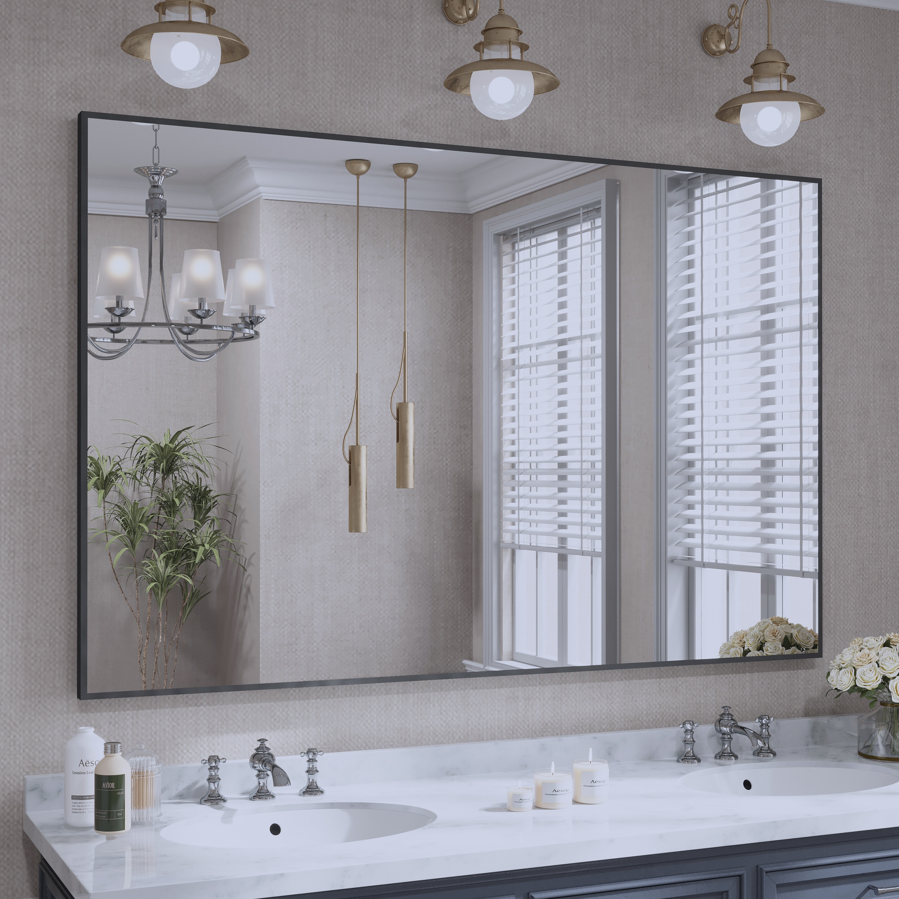 JANSNO Ptjz 55-in x 36-in Framed Rectangle Bathroom Vanity Mirror ...