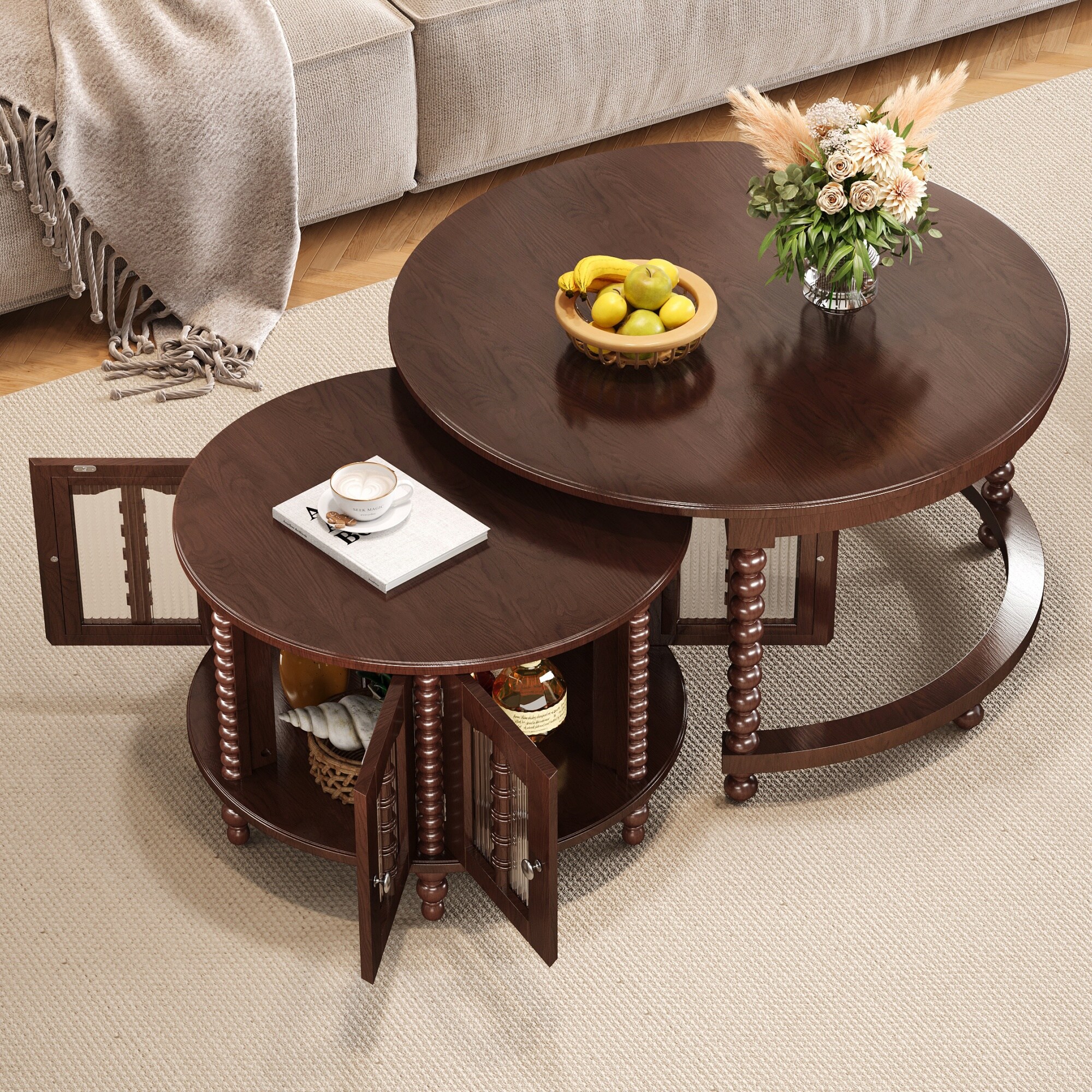 LUXEYARD Vintage Round Nesting Coffee Table Six Bambooshaped Decorative ...