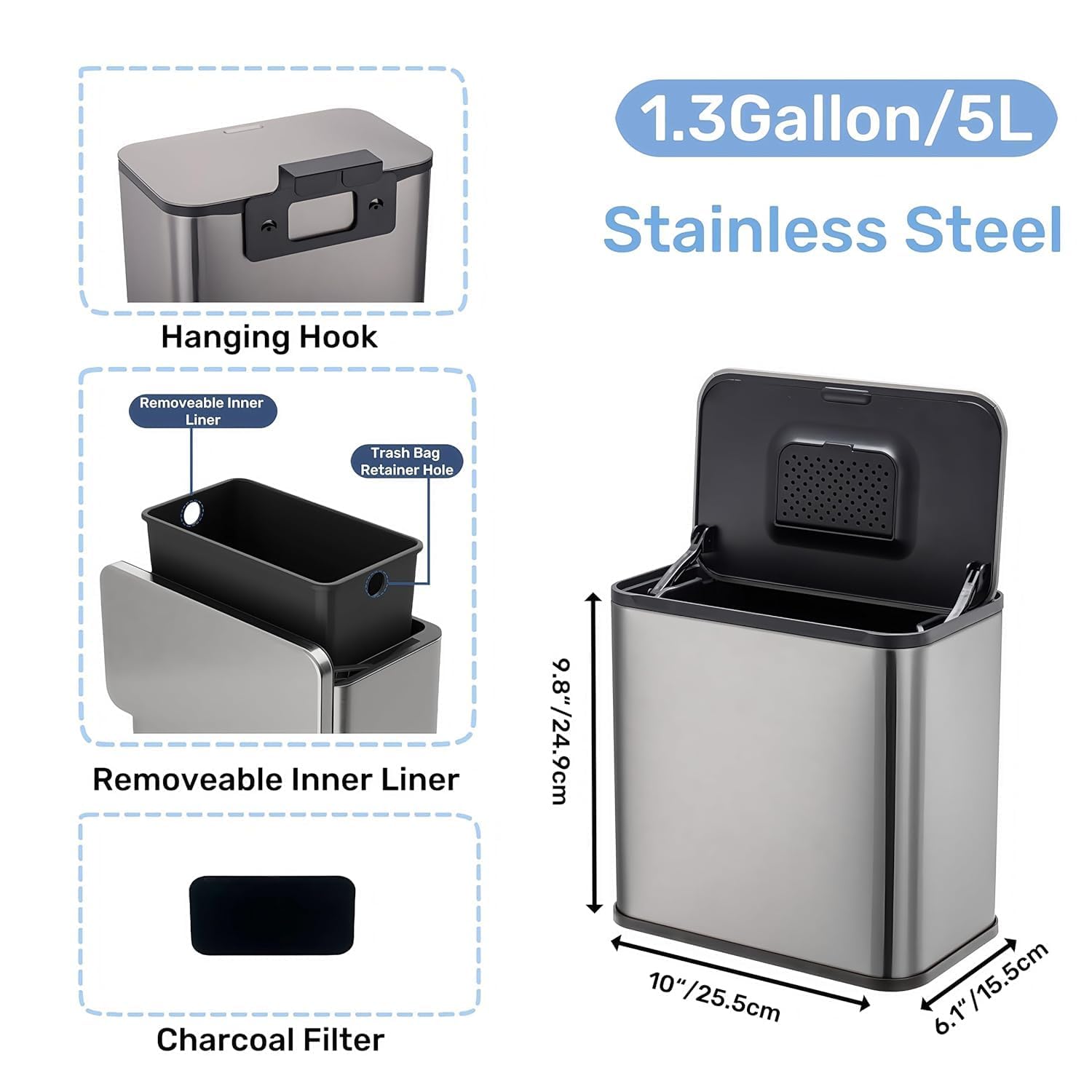 GarveeLife 5L Stainless Steel Compost Bin 3 Piece Set 25 by 15 by 24 cm ...