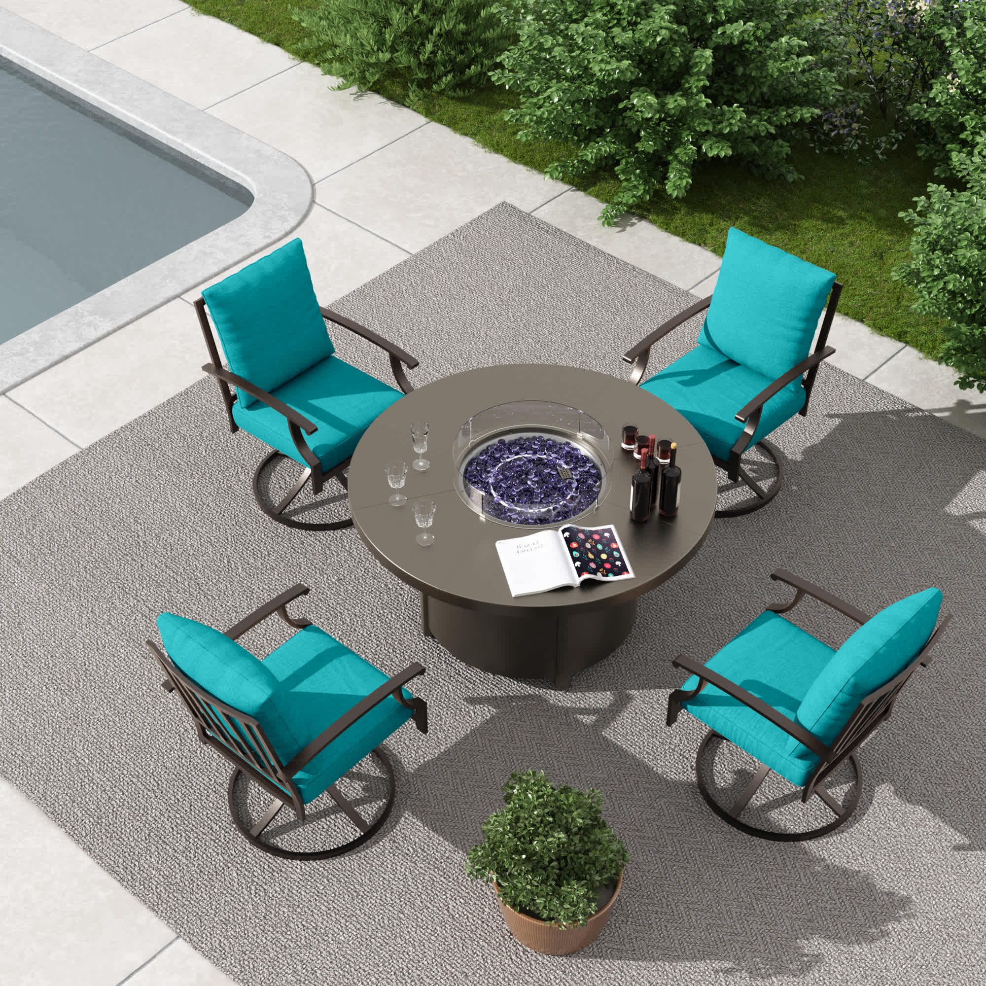 Haxvin 4 High-Back Swivel Chairs with Round Gas Fire Pit Table and ...
