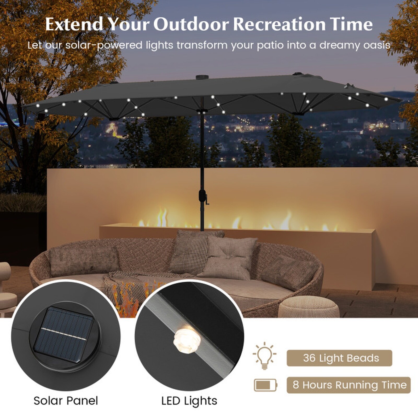 SUGIFT 13-ft Gray Solar LED Double-Sided Outdoor Patio Umbrella 36 ...