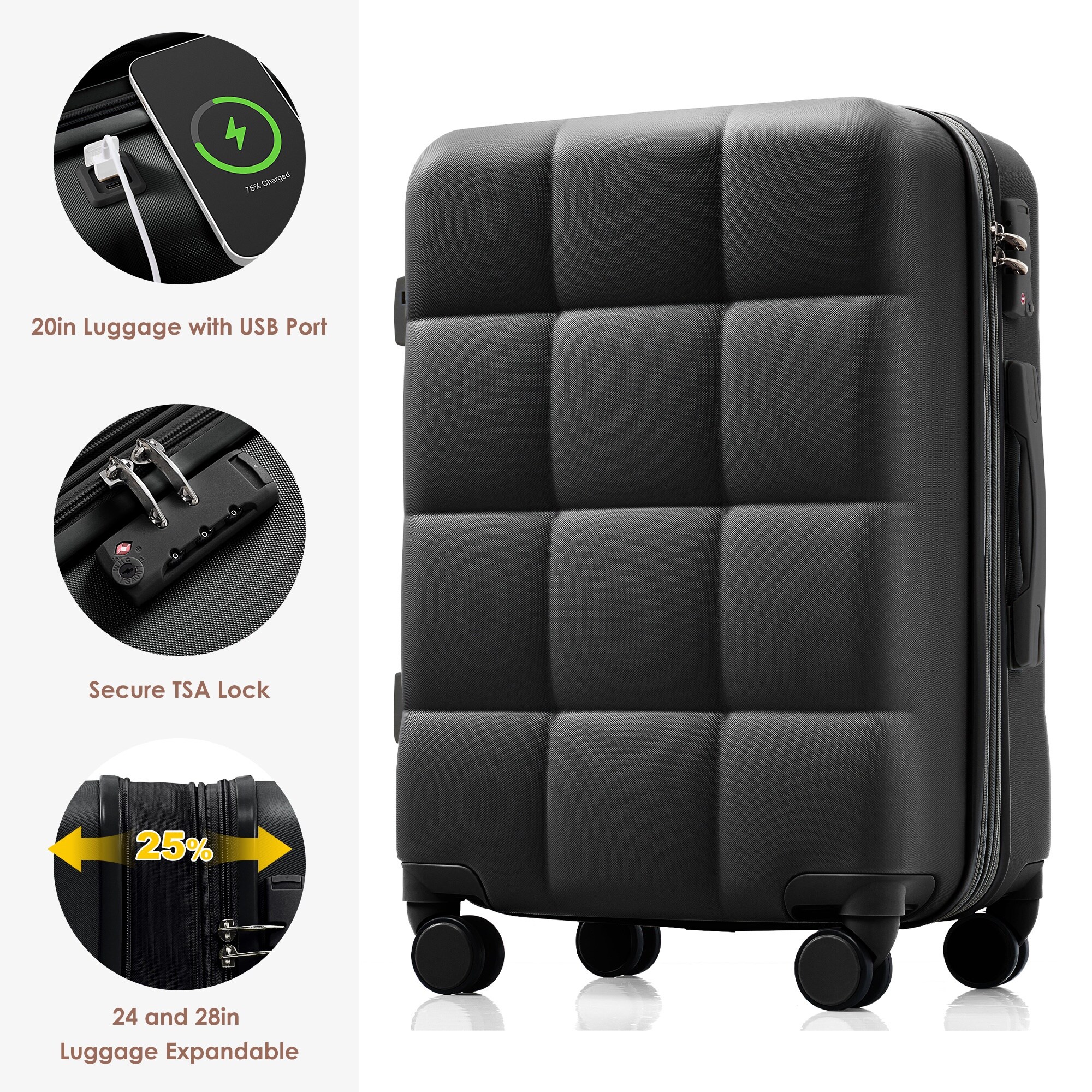 LOVMOR Luggage Sets 4 Piece 20-inch with USB Port Expandable ABS ...