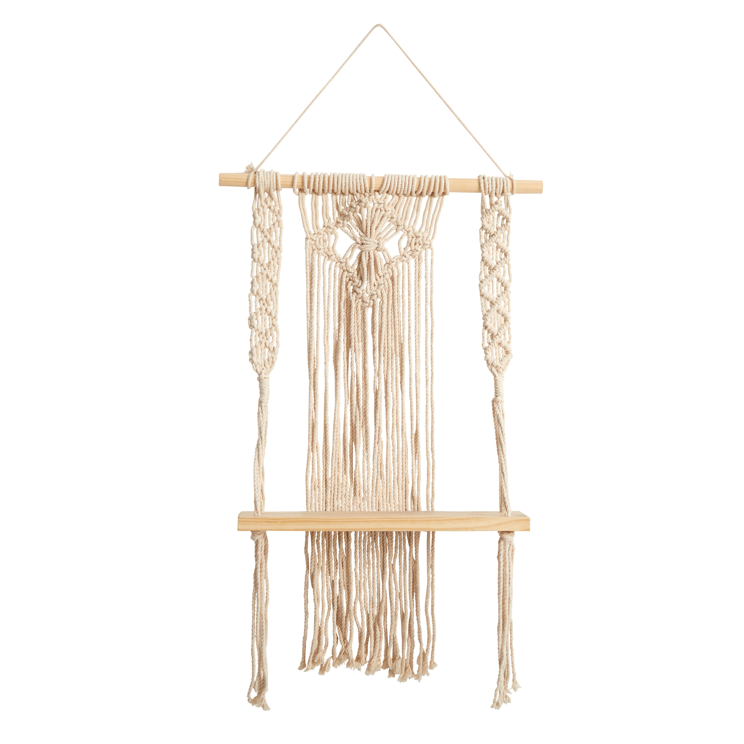 Nearly Natural 24-in Boho Chic Wood Macrame Single Shelf Woven Diamond ...