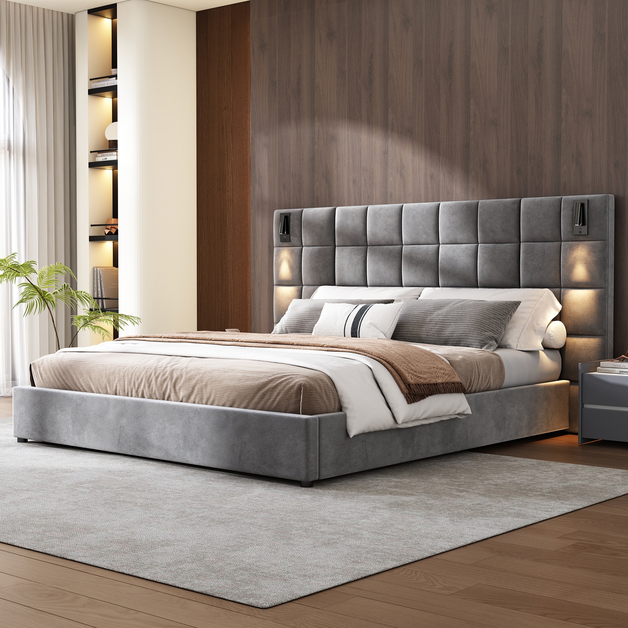 LOVMOR Upholstered King bedwith reading lamp and USB port wide ...