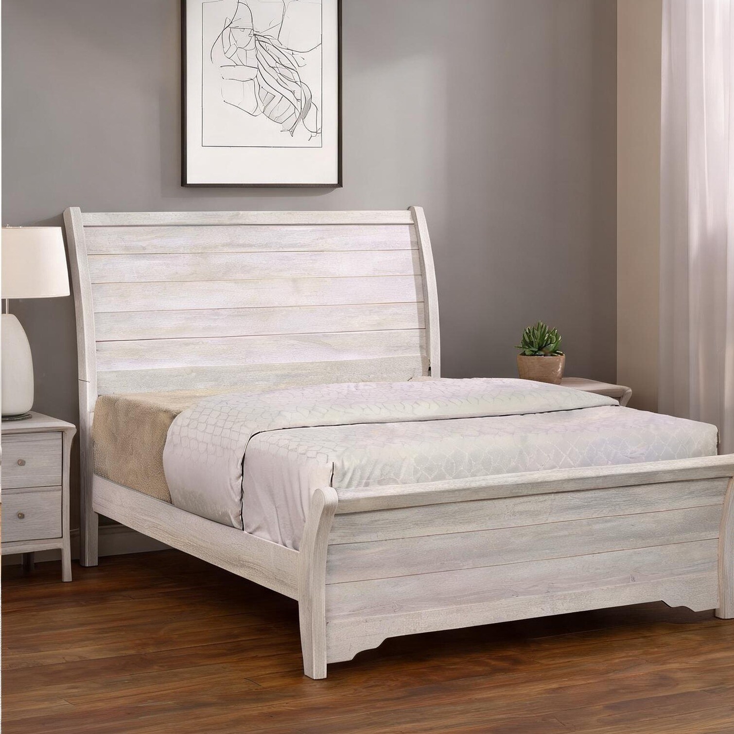 SunJet Queen Wood Sleigh Bed with Sloped Headboard in Clean White and ...