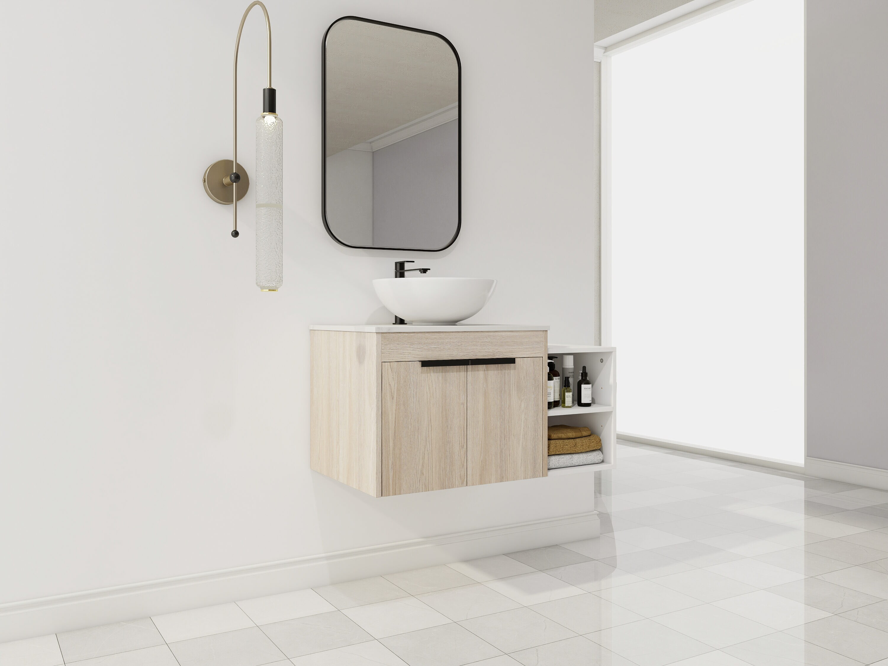 GDFStudio 36 Inch Modern Design Float Bathroom Vanity With Ceramic Art ...