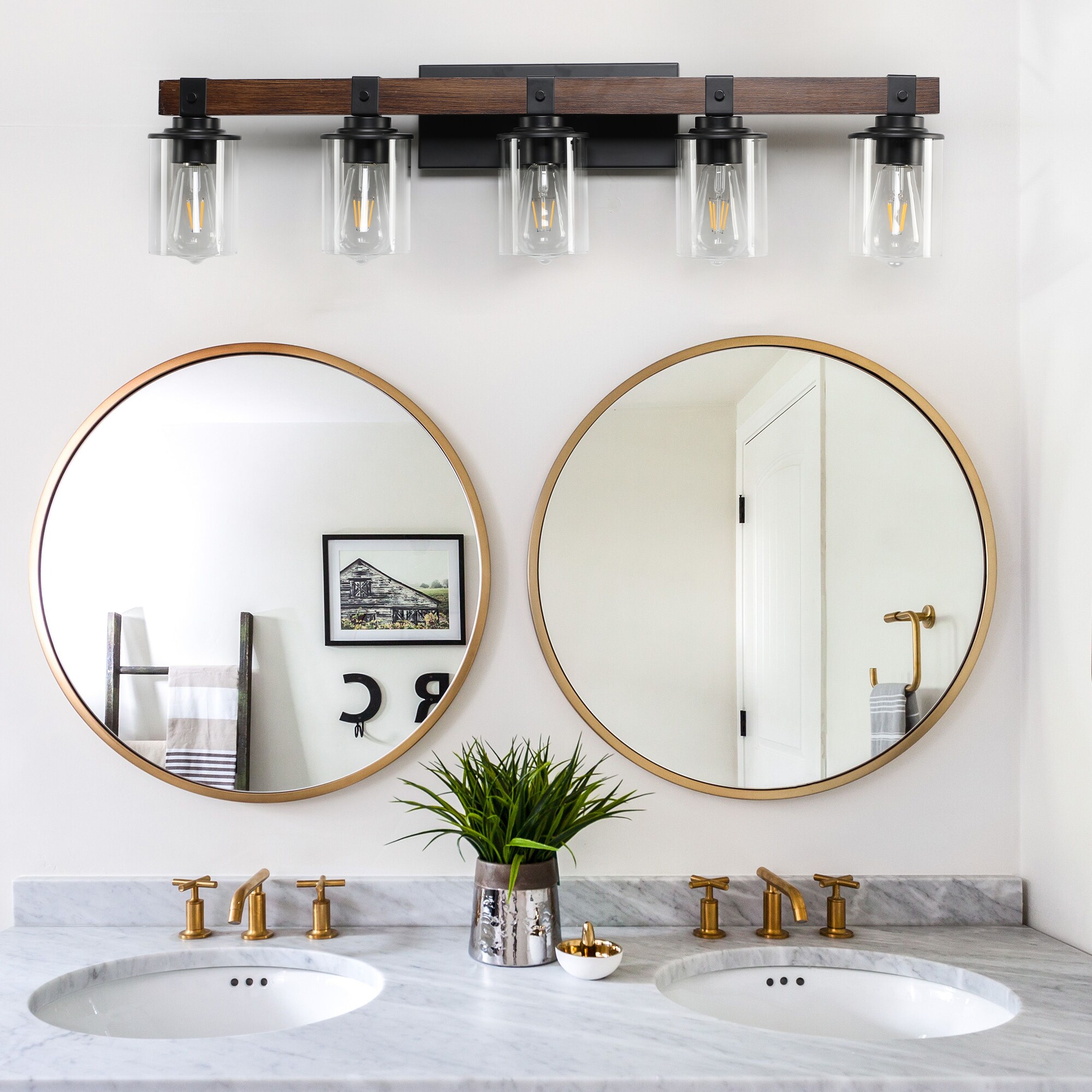 LOVMOR 35 inch Rustic 5 Light Vanity Light Glass Shades Wood Accent No ...