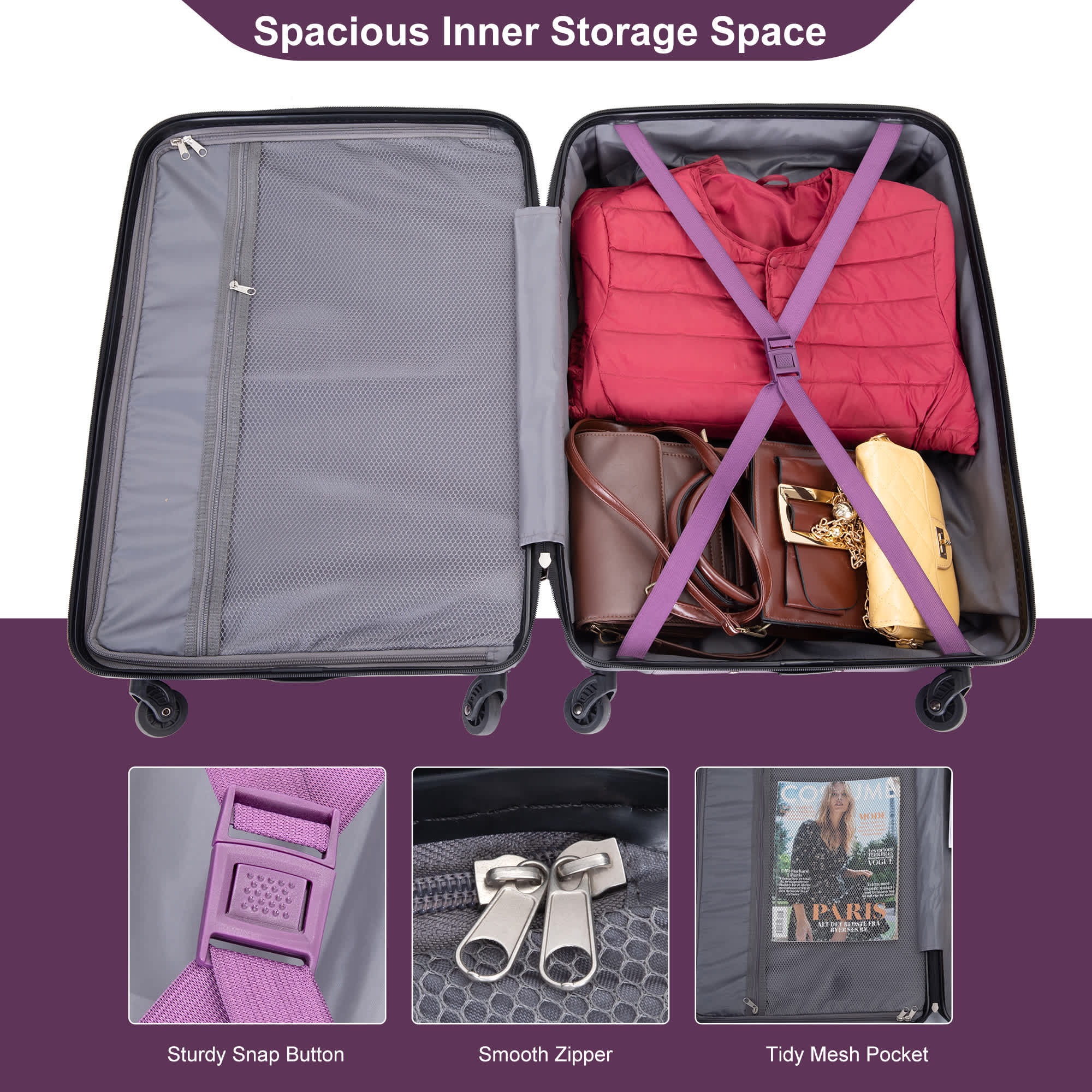 Qeetex 3 Piece Expandable Suitcase Luggage Sets PC Lightweight Travel ...