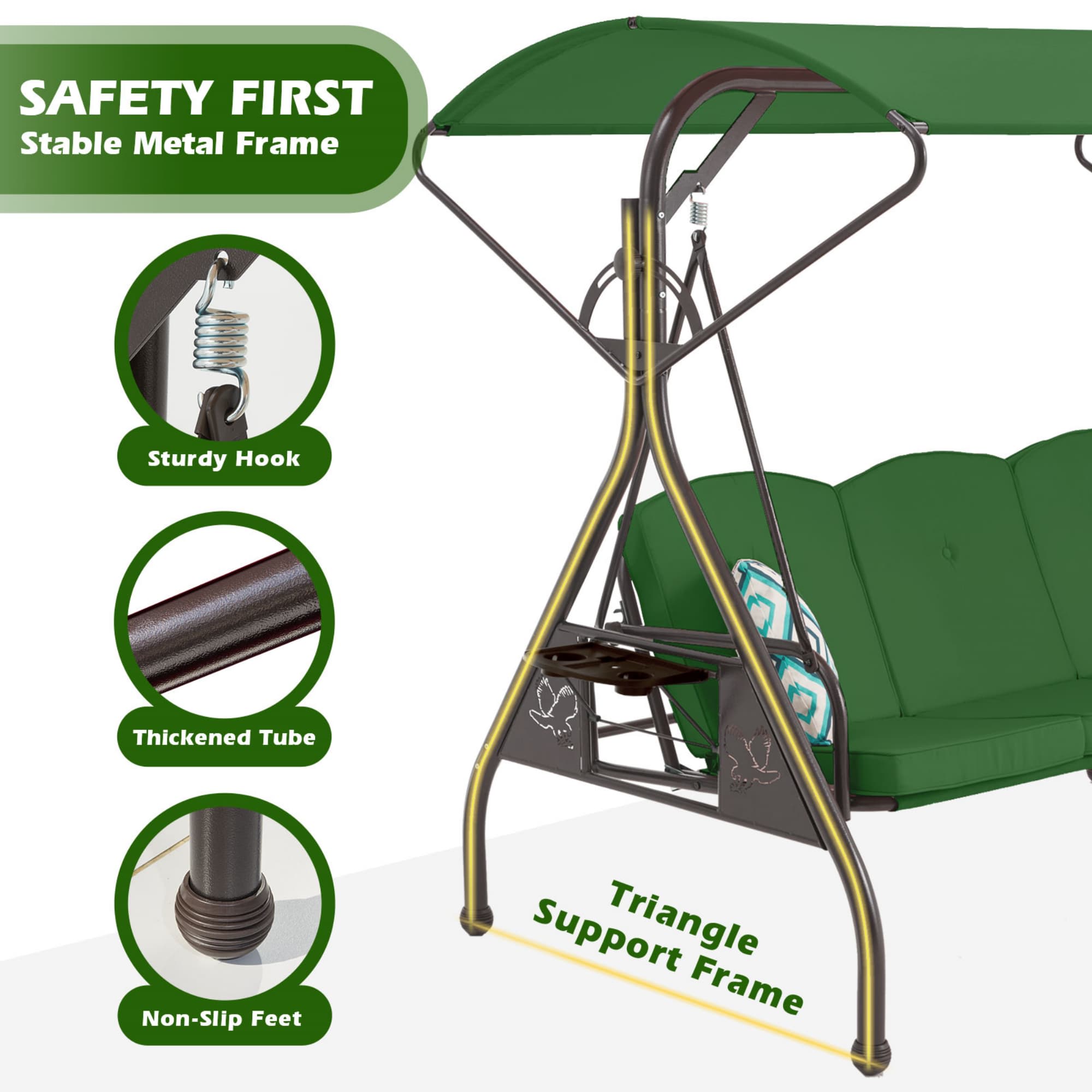 Ama Pear 800LBS 3 Seat Patio Swing with Canopy Stand Cup Holder and ...