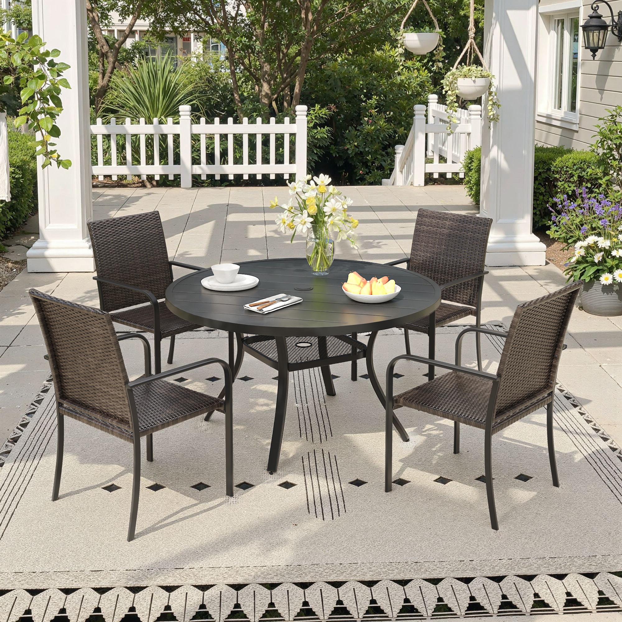 VICLLAX 40.6-Inche Round Patio Table and Chairs 5 -Piece Black Wicker ...