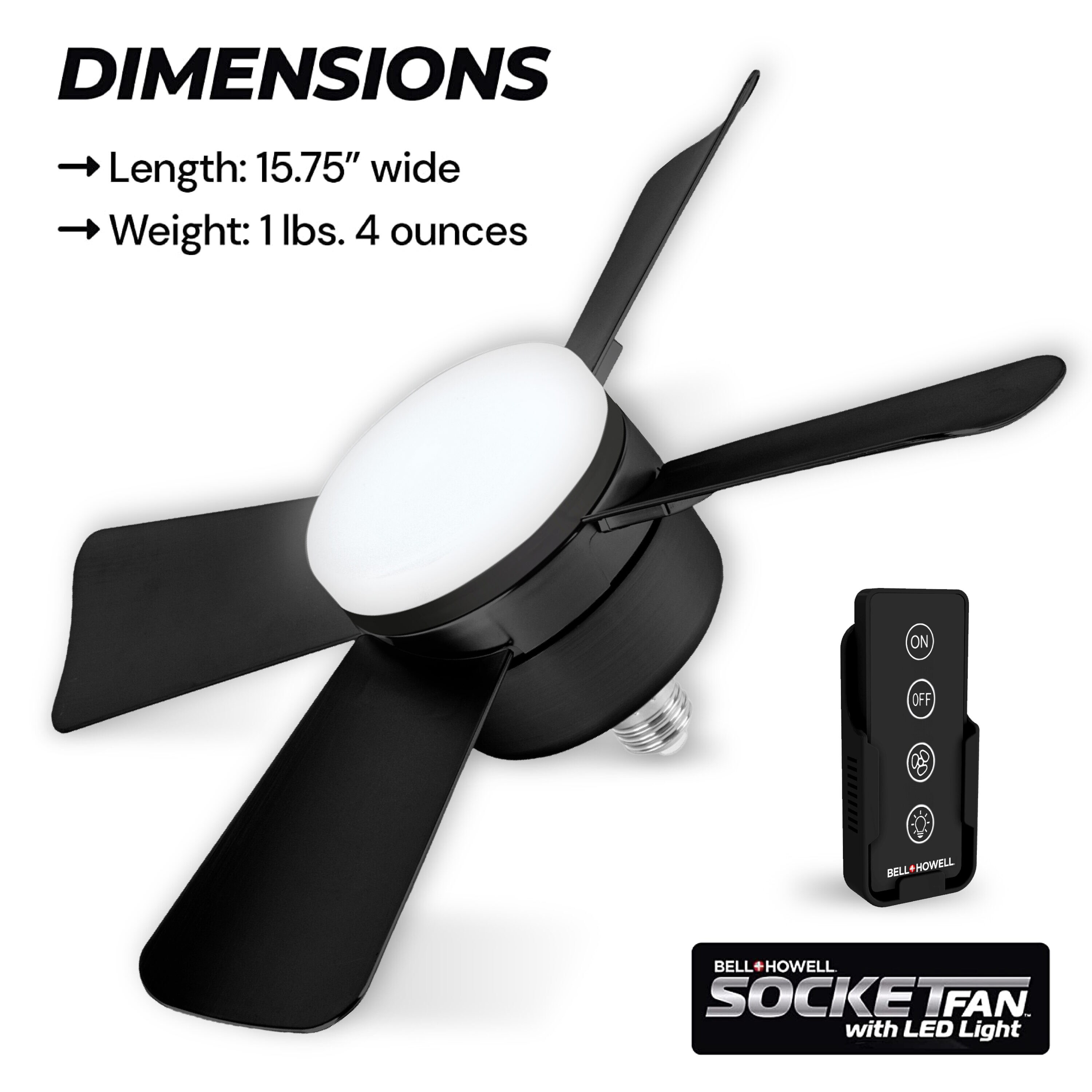 BELL + HOWELL Socket Fan 15.7-in Black with Matte Blades LED Indoor ...