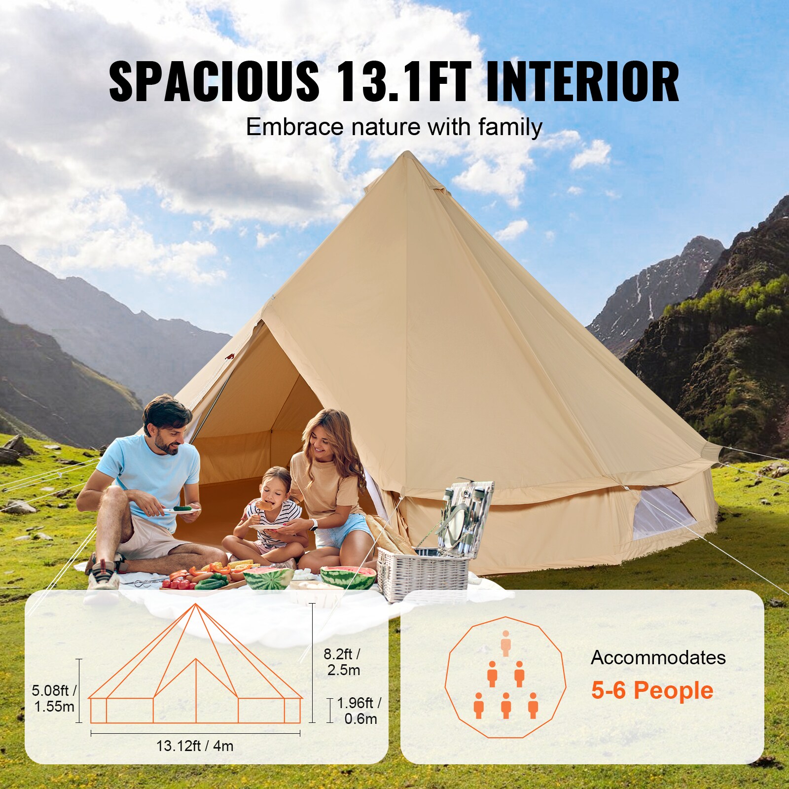 VEVOR Canvas Bell Tent 4 Seasons 4 m/13.12 ft Yurt Tent Canvas Tent for ...