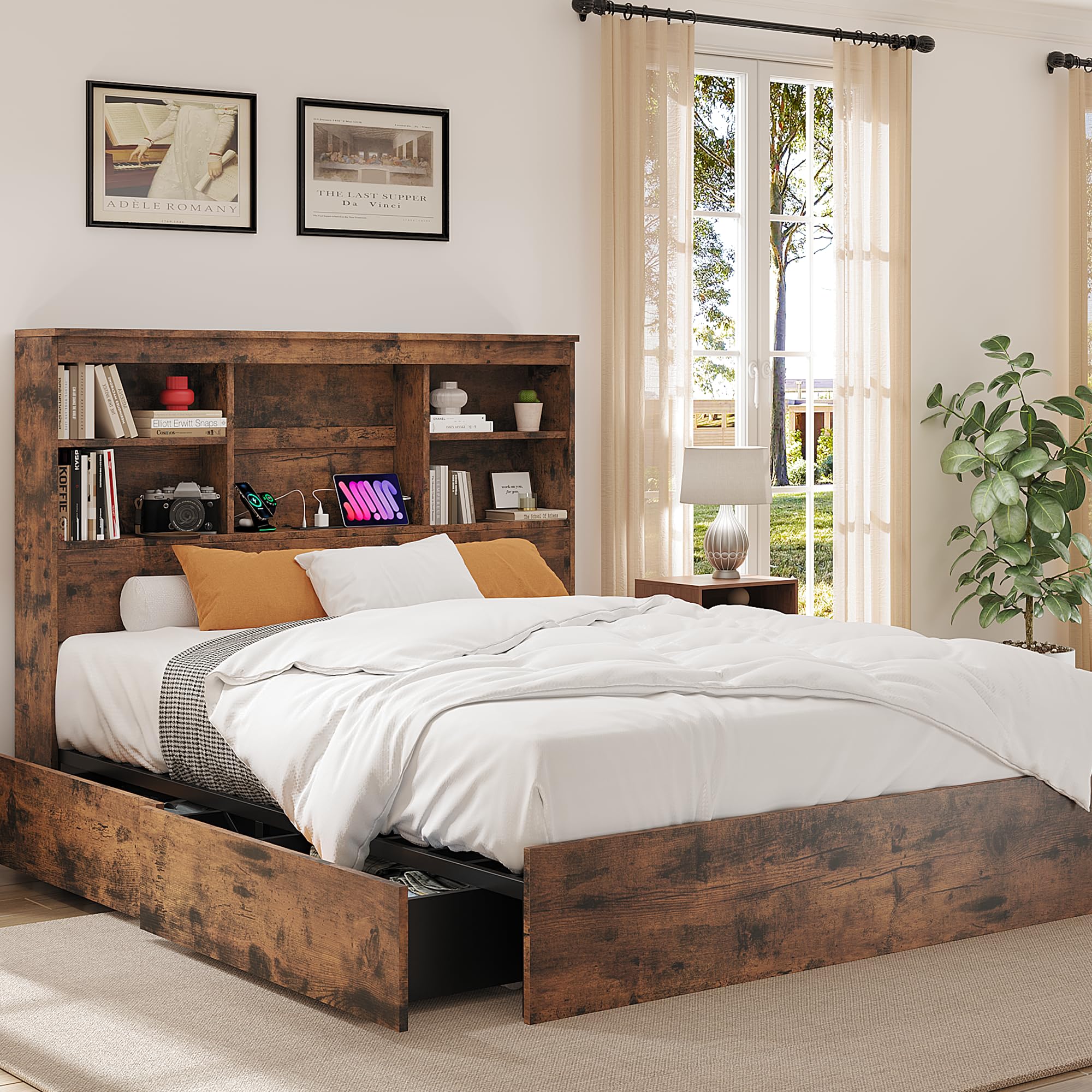 Garvee Brown Queen Size Farmhouse Wood Metal Platform Bed Frame Storage ...