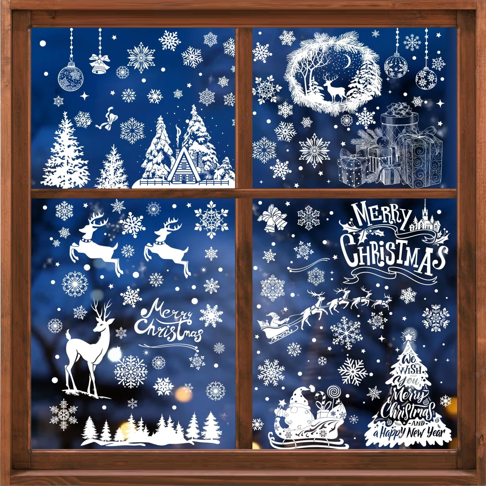 LAIFUCAM 216 pcs Christmas Window Clings Set Snowflake Tree Reindeer ...