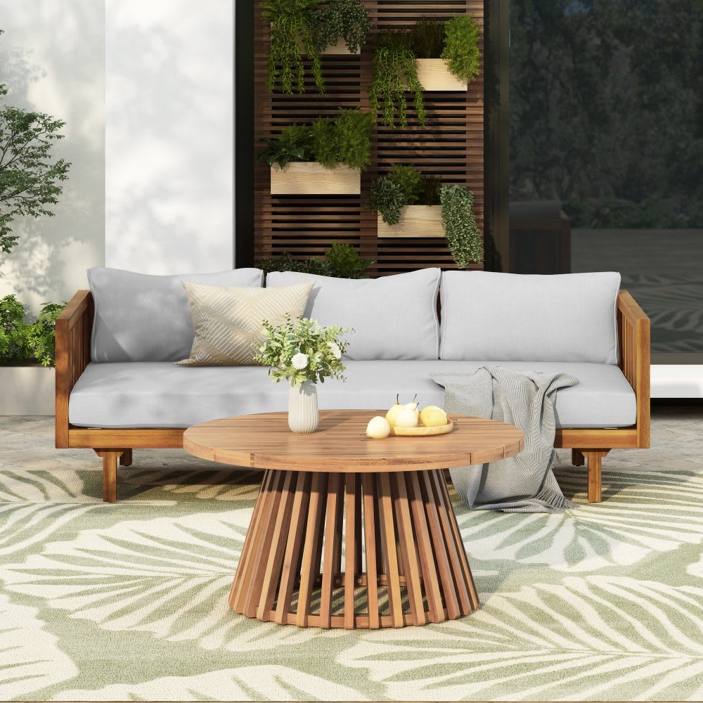 Coolbibila 2-Piece Modern Gray Acacia Wood Patio Daybed and Table Set ...