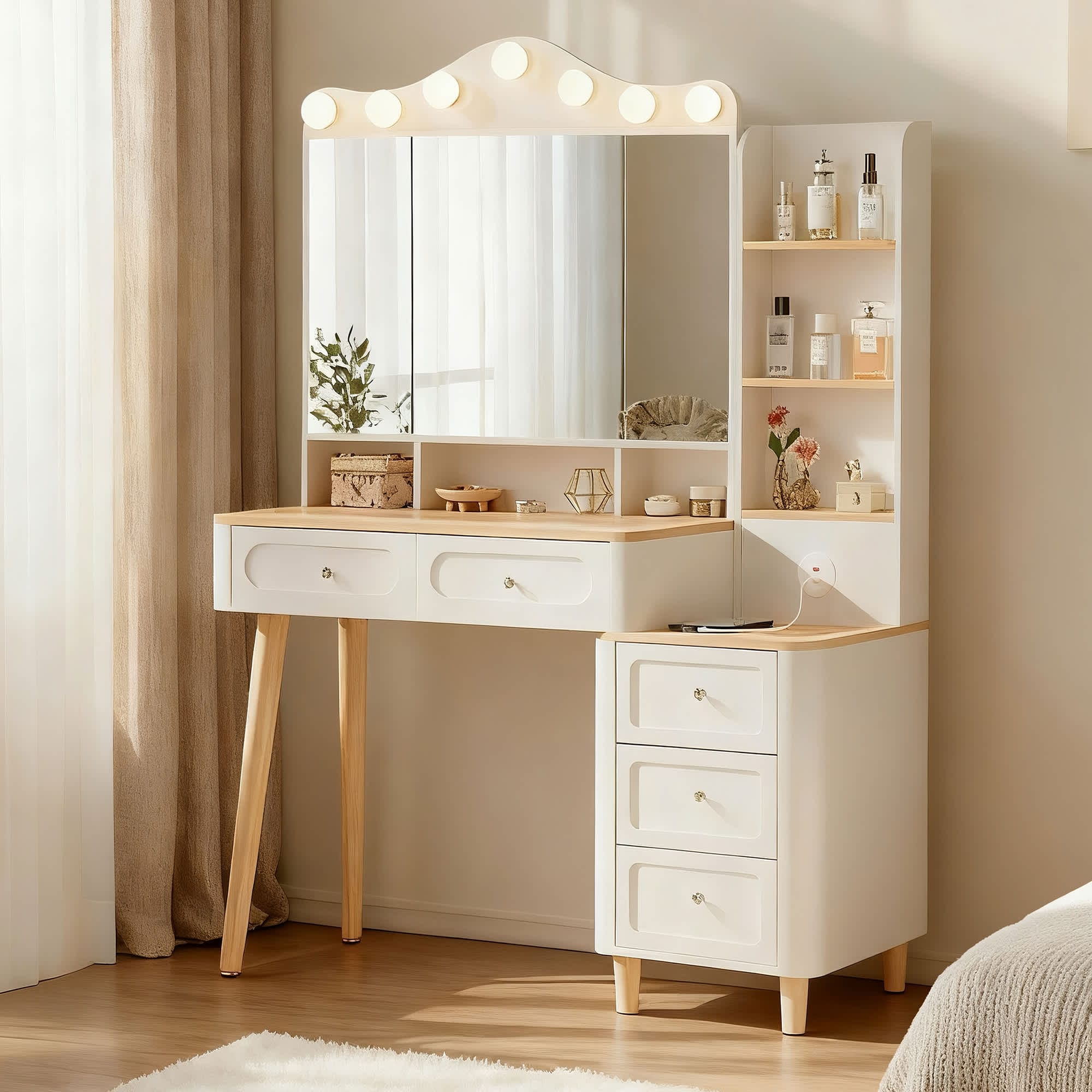 Vynxaria 2-Piece White Vanity Set with 3-Sided Foldable Mirror 3 ...