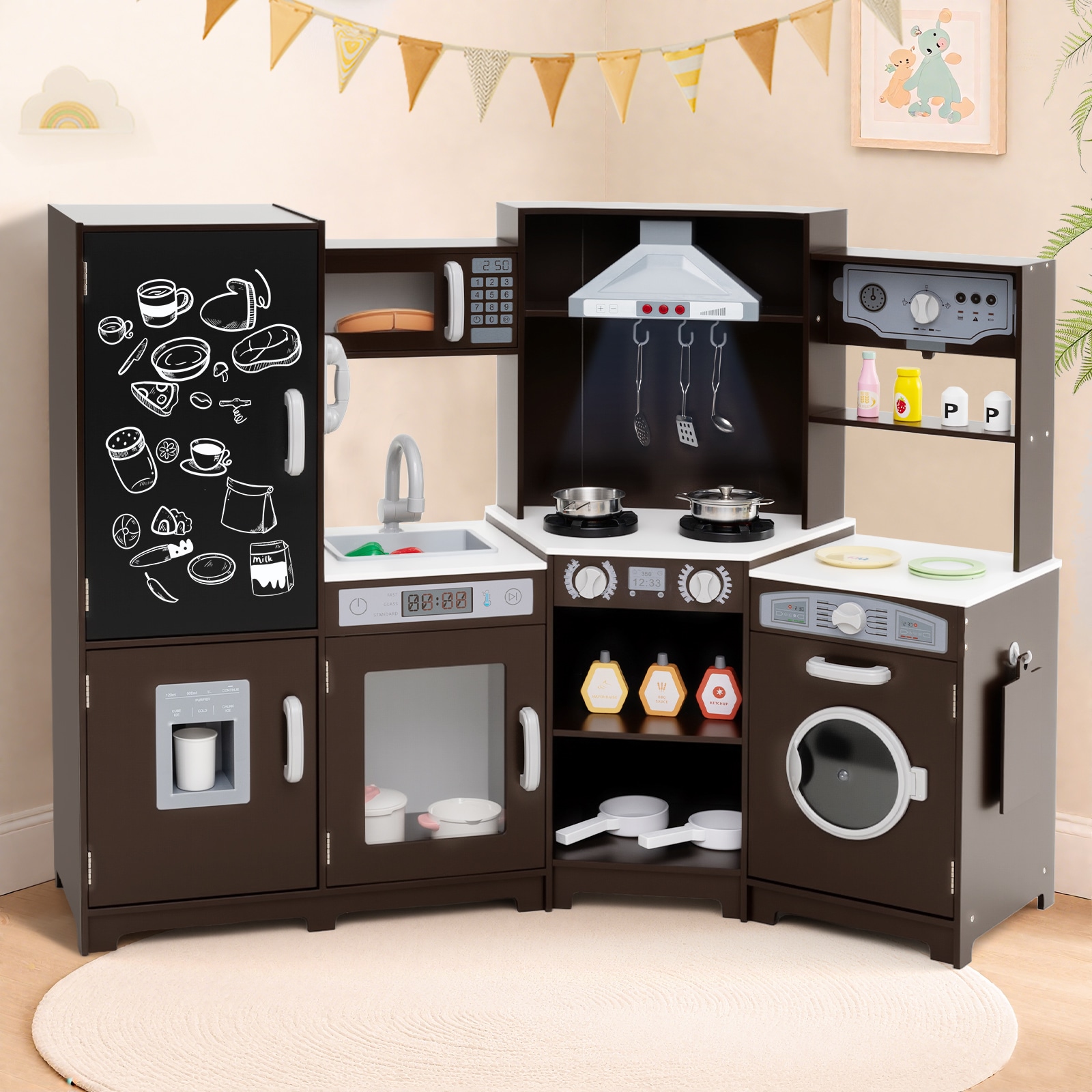 SUGIFT Corner Space-Saving Wooden Pretend Play Kitchen With Lights ...