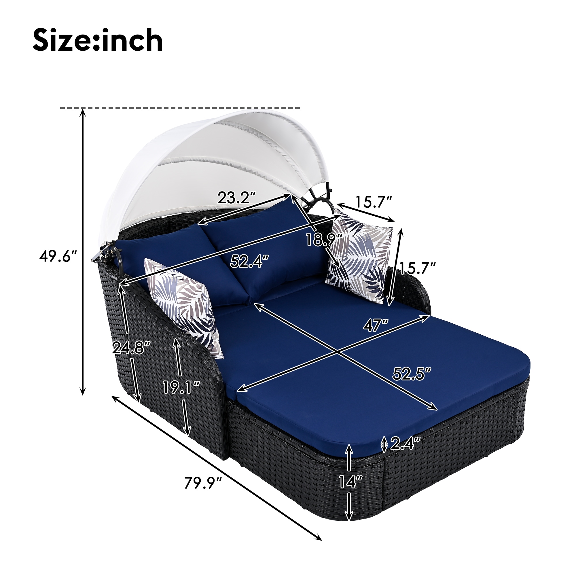 ModernLuxe 79.9" Outdoor Sunbed with Adjustable Canopy Wicker Outdoor ...