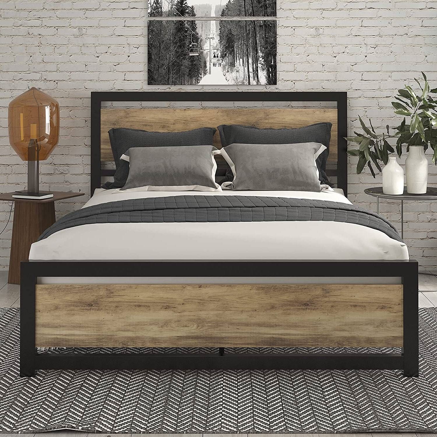 Slickblue Rustic Wood Panel Brown Metal Platform Bed with Underbed ...