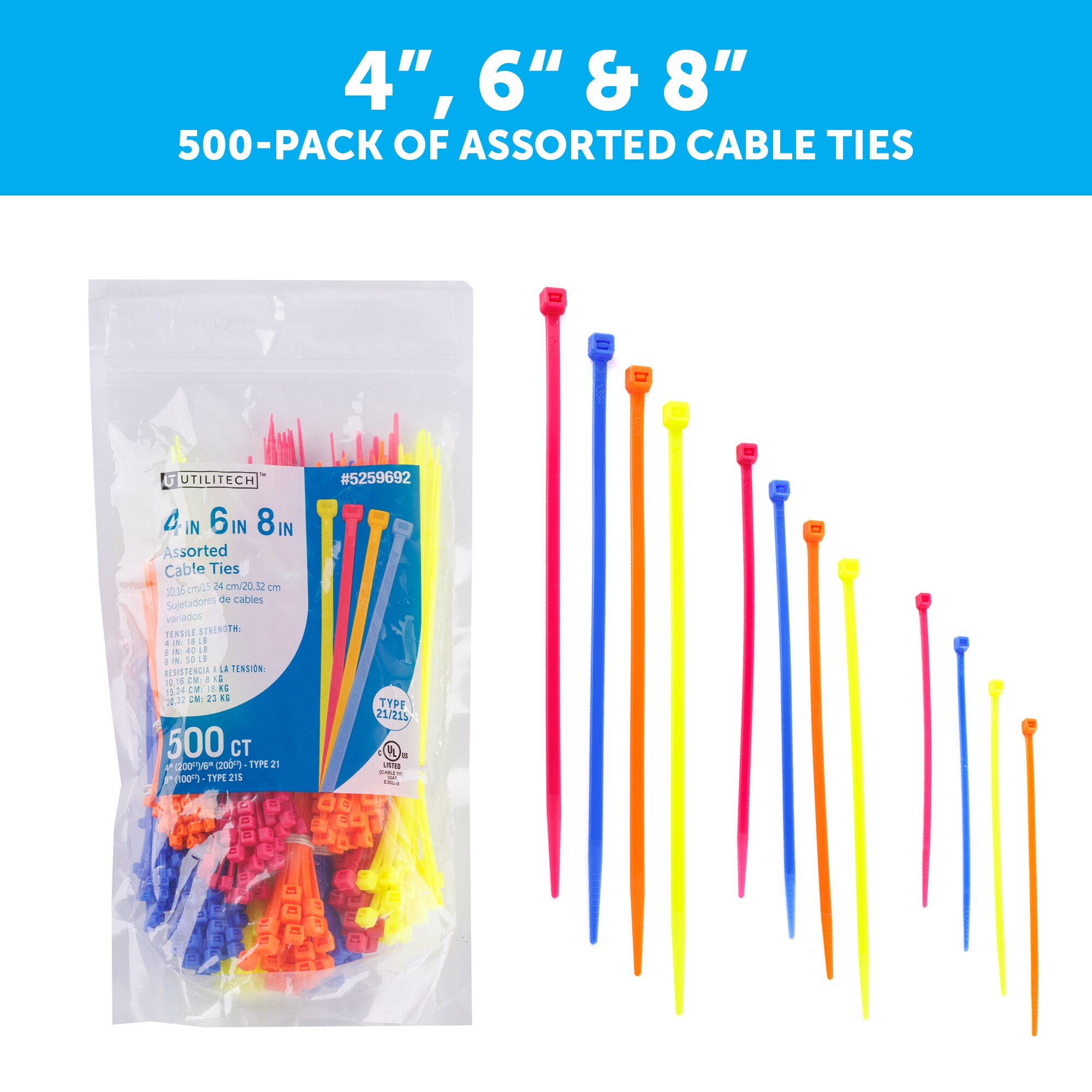 Utilitech Multiple Sizes Nylon Zip Ties Multiple Colors/Finishes (500 ...