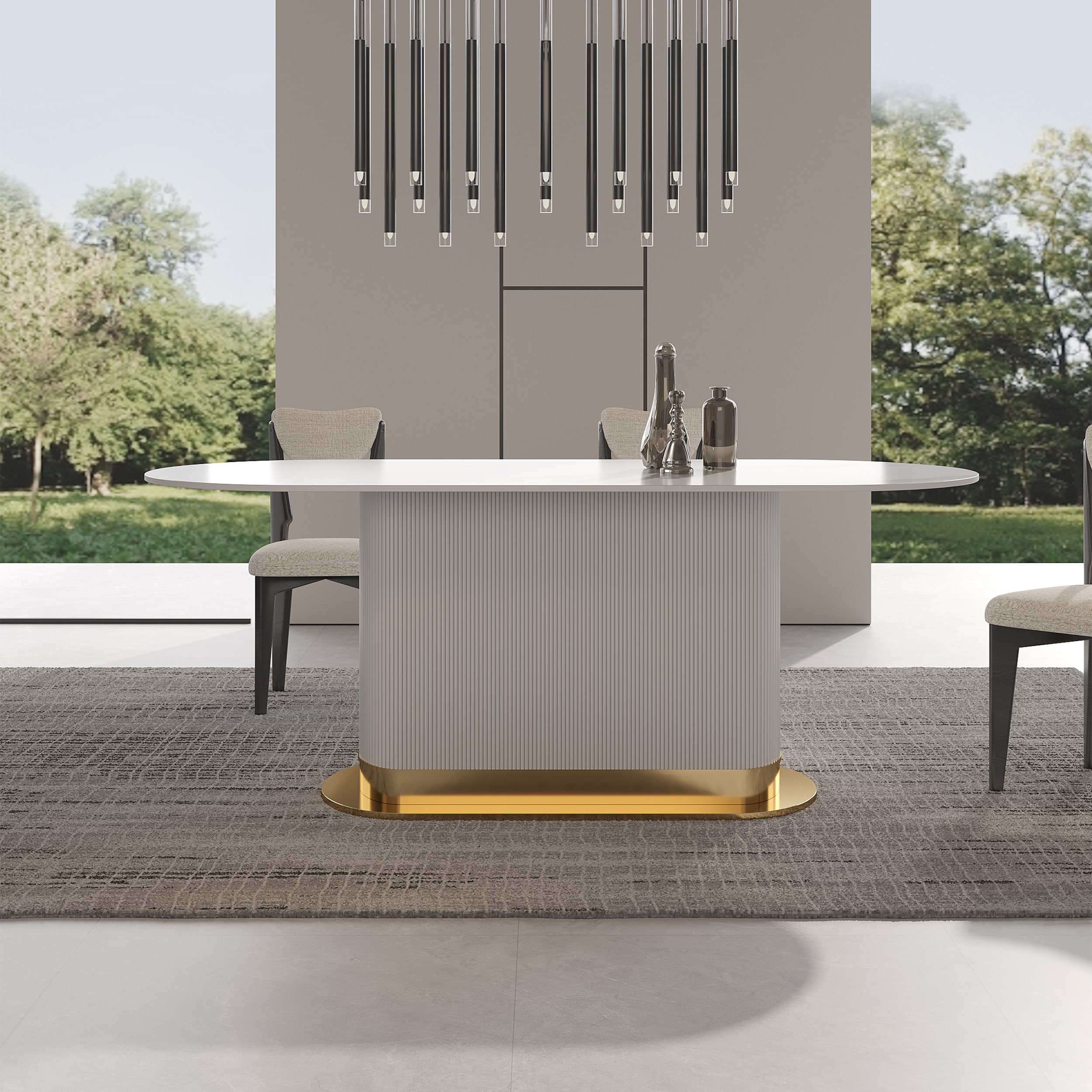 White Casual Marble Dining Table, with White Finish and Metal Pedestal ...