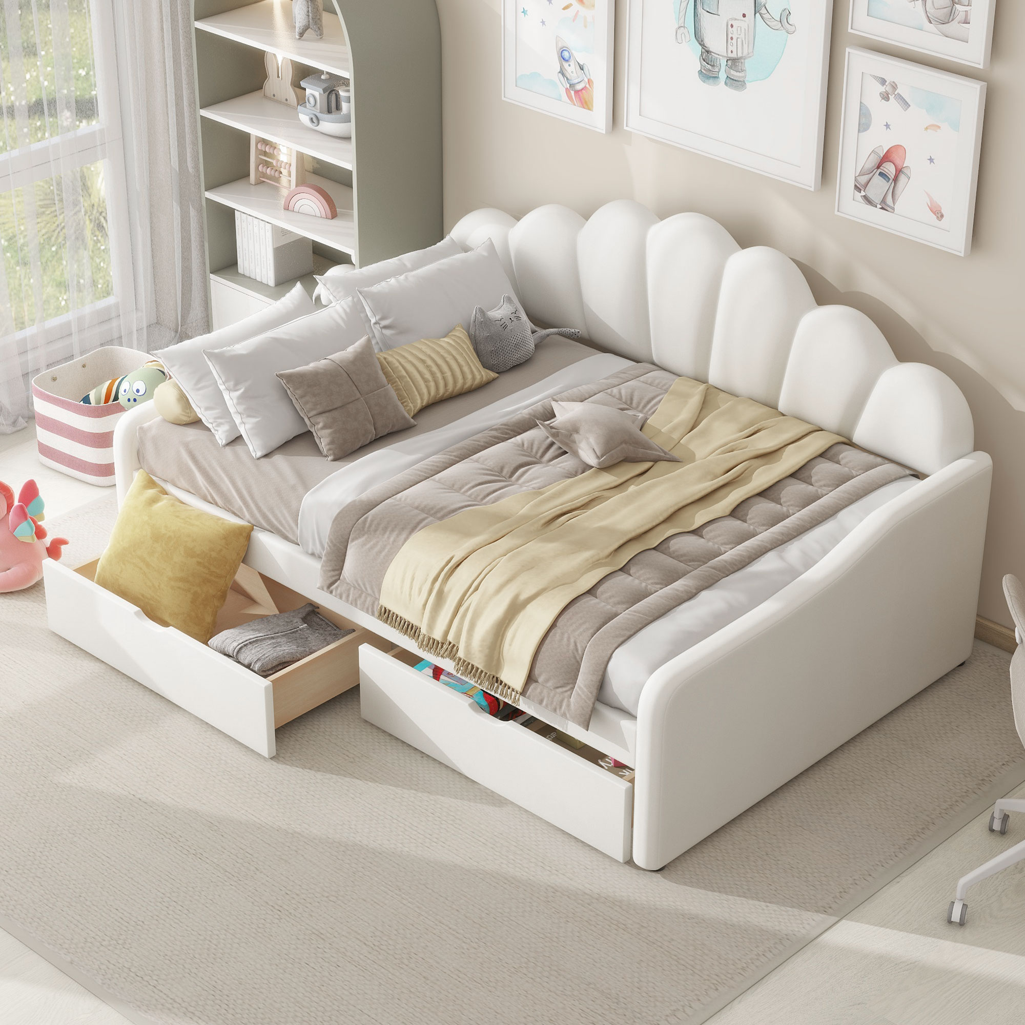 Qualler Beige Full Upholstery Daybed with 2-Drawers and Shall Shaped ...