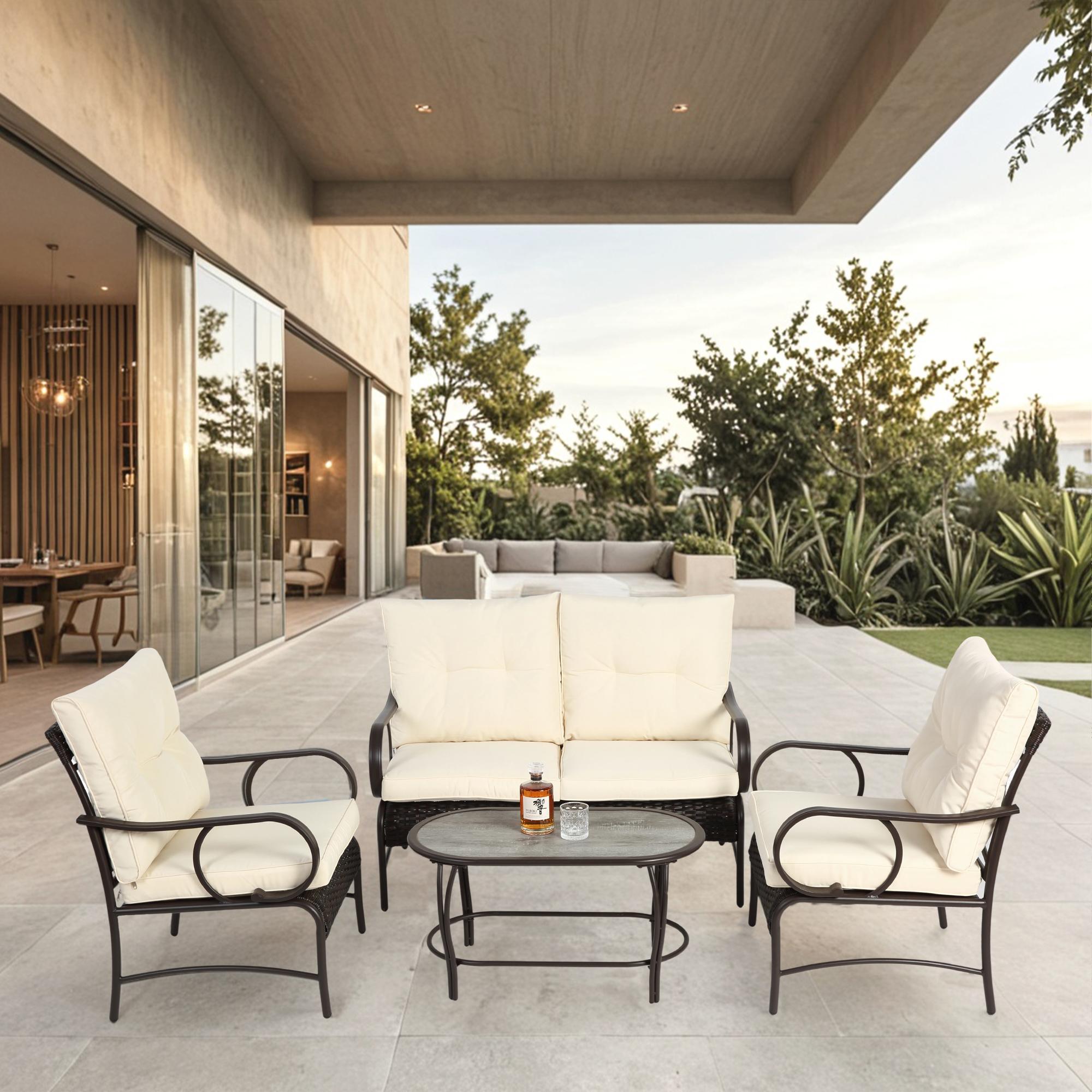 Bayfeve 4 -Piece Wicker Patio Conversation Set with Beige Cushions in ...