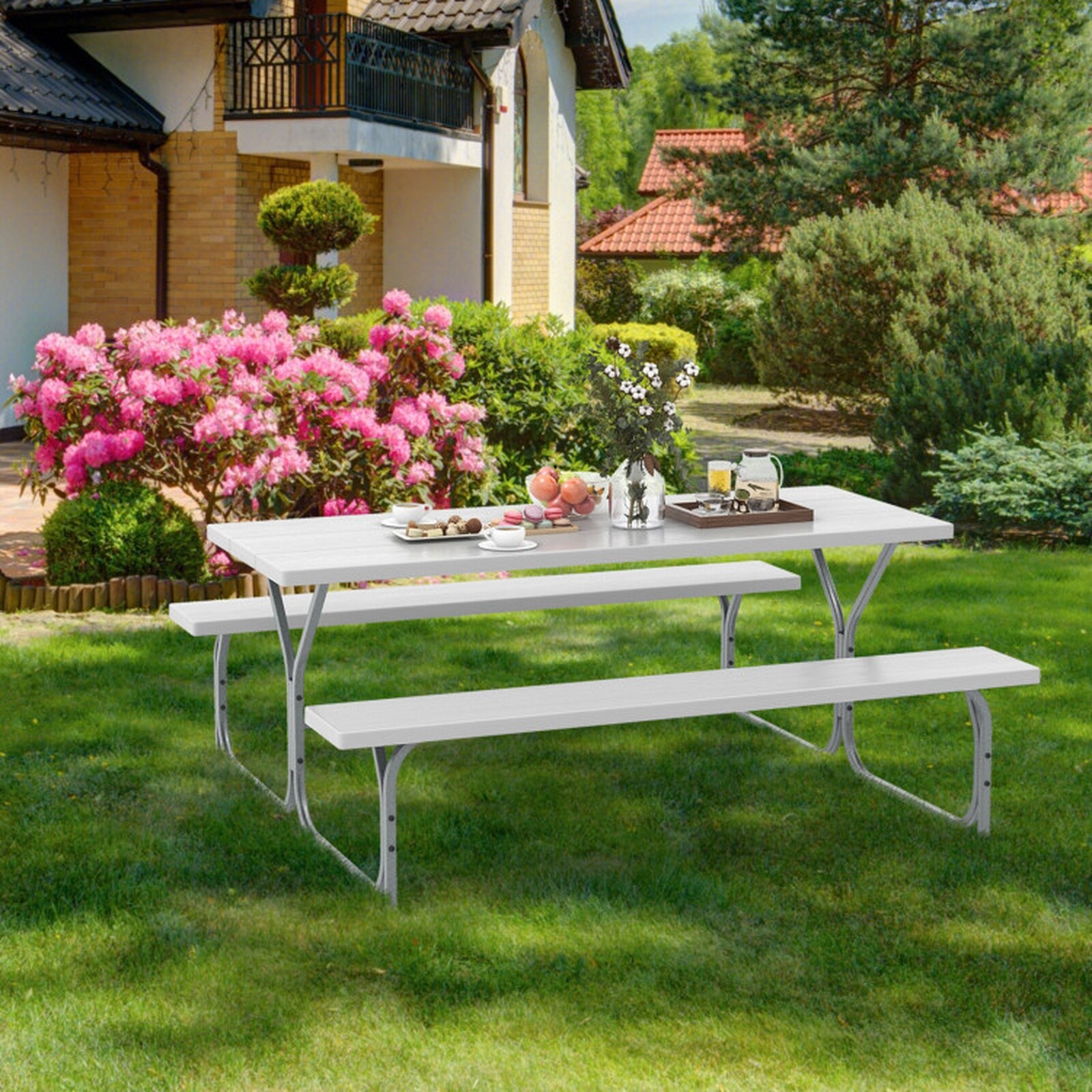 SUGIFT 6-ft Picnic Table and 2 Bench Set with HDPE Tabletop 330-lb ...