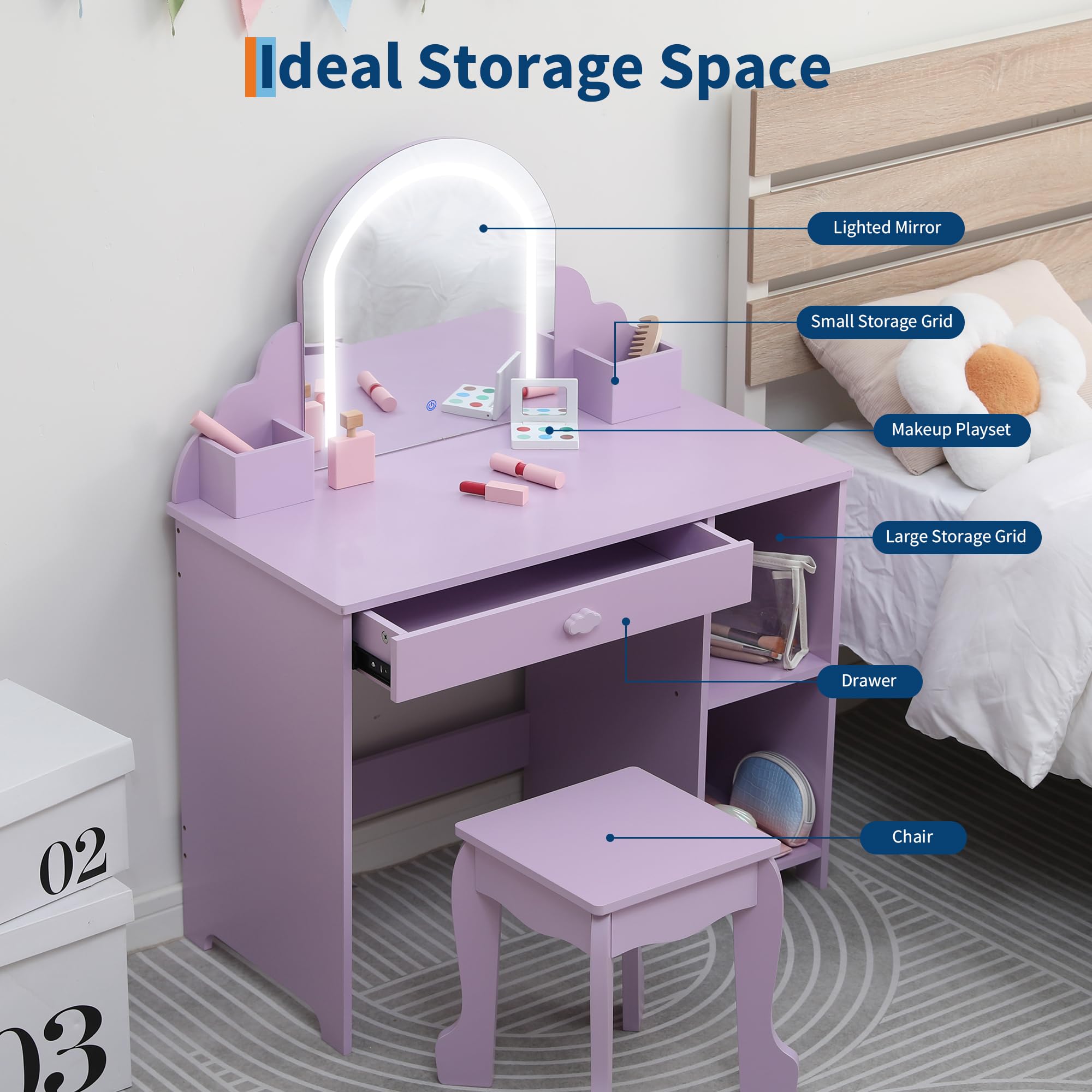 Garvee Wooden Princess Vanity Desk with Mirror and Lights Toddler ...