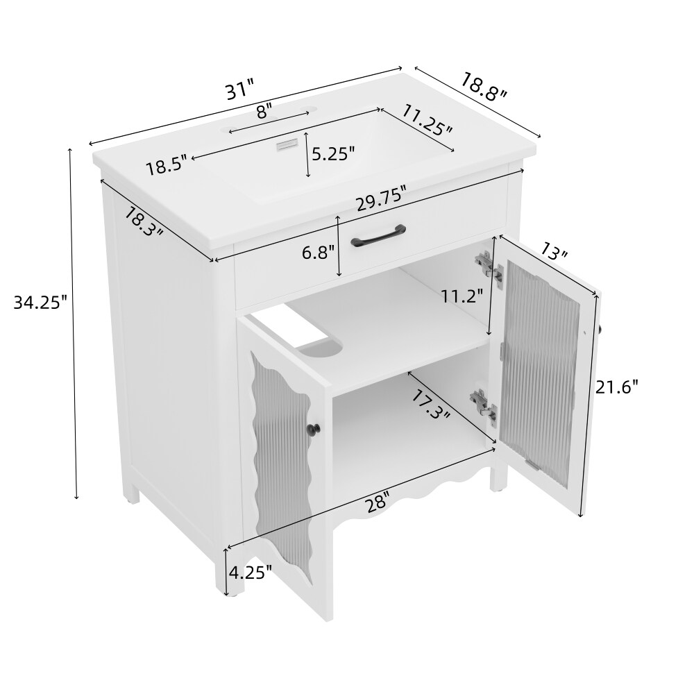 BEARSOLIM 30-in Bathroom Vanity with Ceramic Sink Tempered Glass Rubber ...