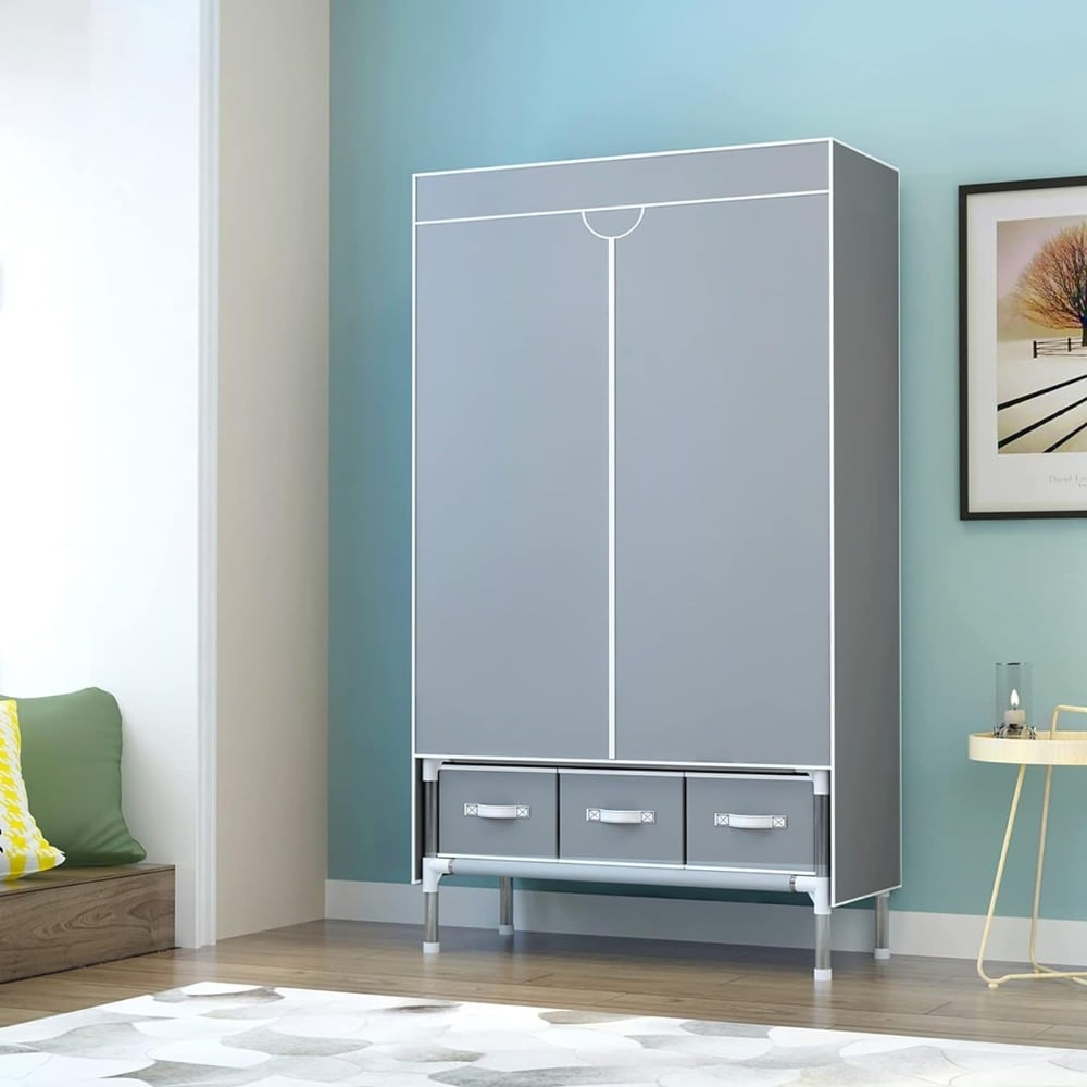 ROSMENA Portable Clothes Closet Rolling Door Wardrobe with Hanging Rack ...