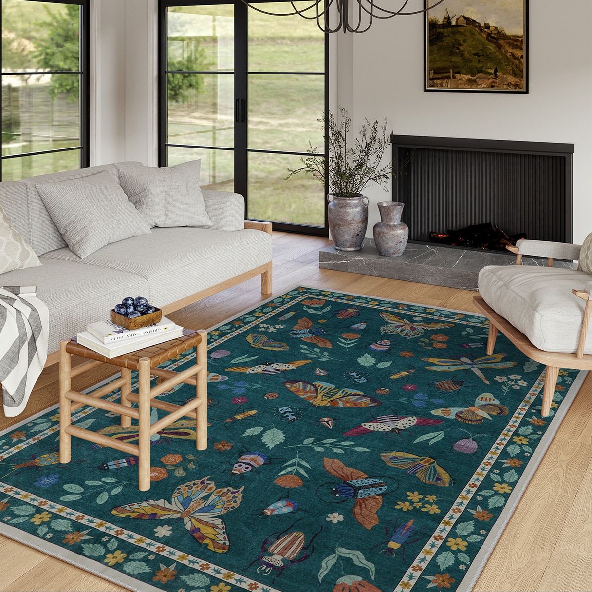 5ft x 7ft Dusty Green Machine Washable Animal Life Insects Area Rug in ...
