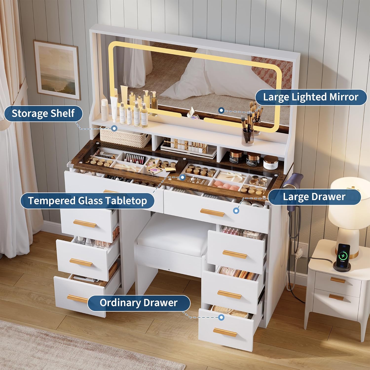 Garvee Vanity Desk with Mirror and Lights Makeup Table with Glass Top 8 ...
