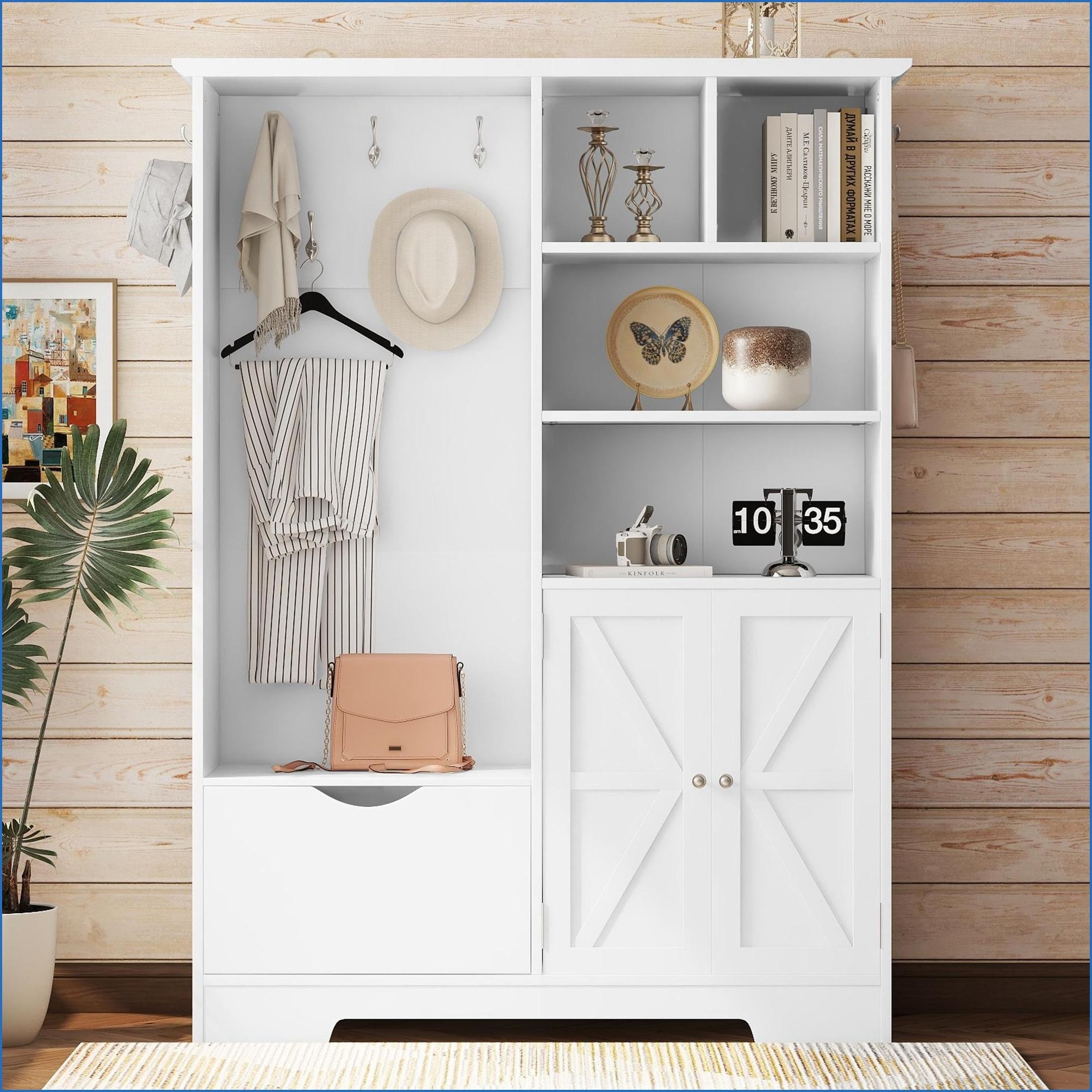 SunJet Modern Hall Tree with Storage Bench Coat Hooks Drawer Cabinet ...