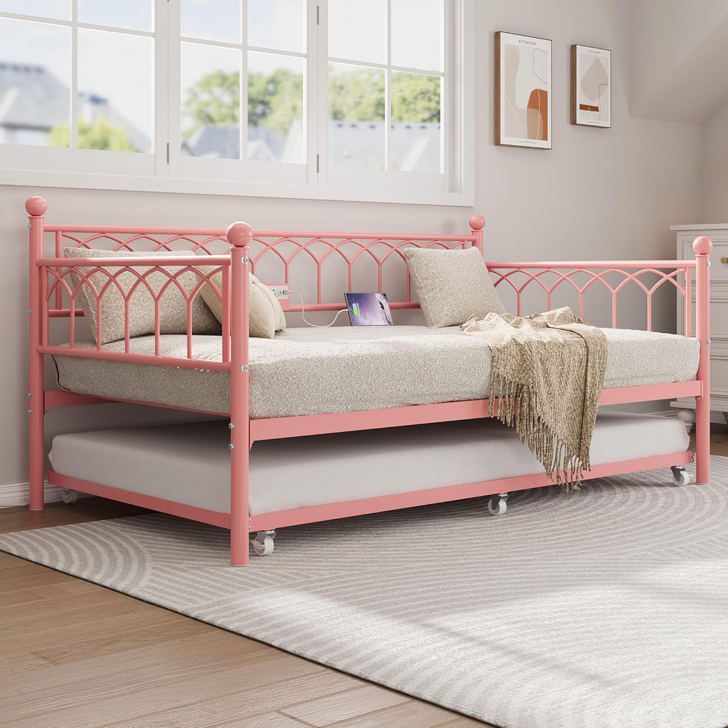 Garvee Pink Twin Daybed with Trundle Built in Charging Station LED ...