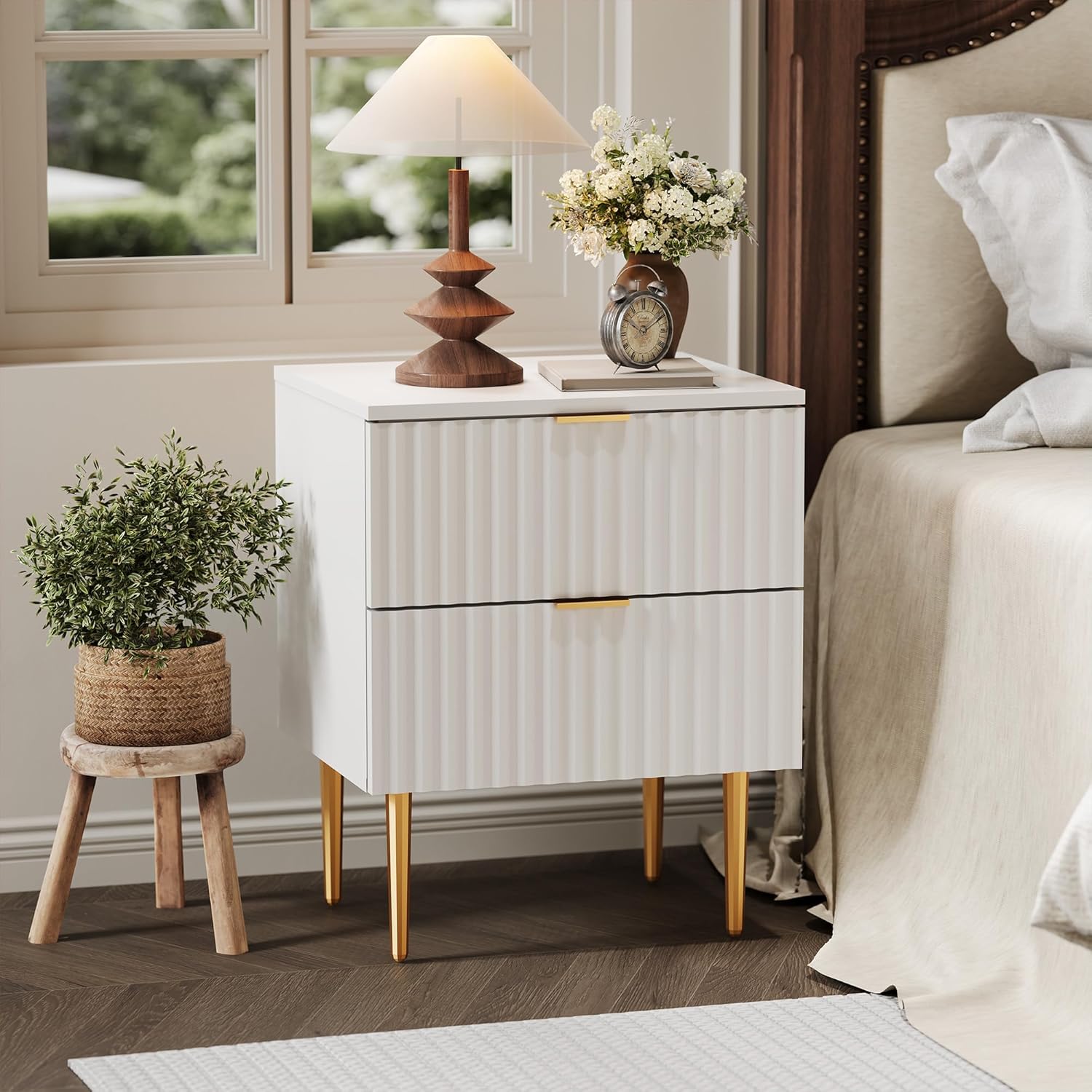 Garvee Modern Fluted Nightstand with Charging Station 2 Drawers Gold ...