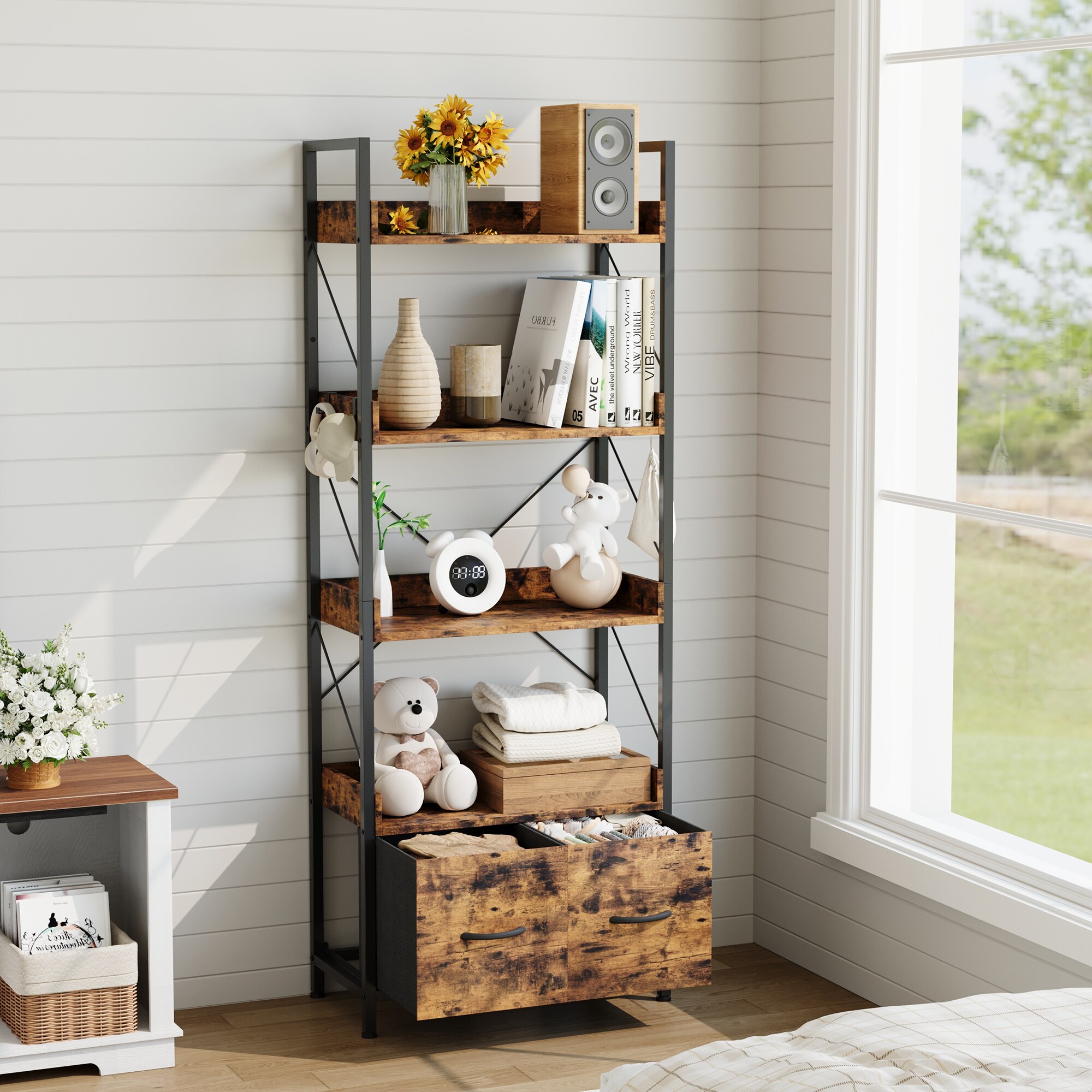 Garvee Vintage 5 Tier Storage Shelf with Fabric Drawers Black Metal ...