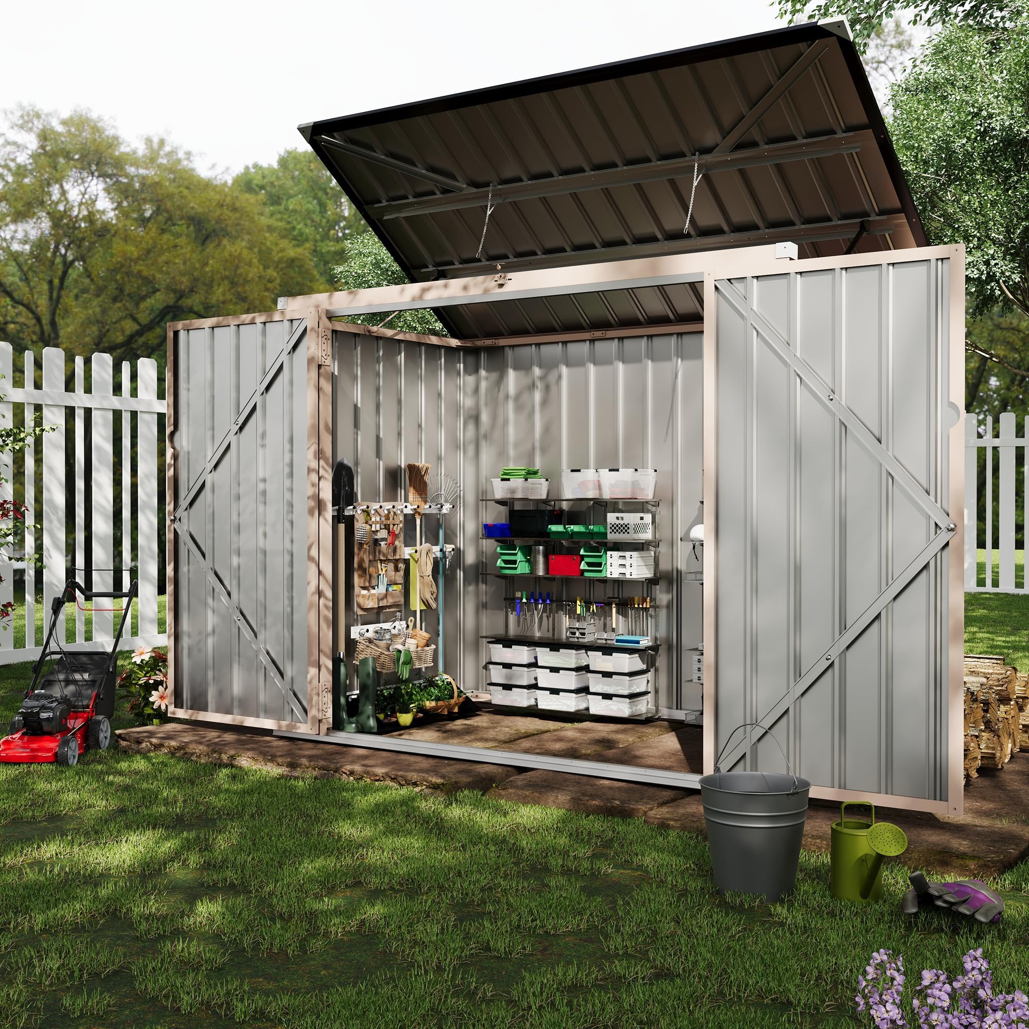 Garvee Brown 3x6 FT Metal Trash Can Shed 2 Bin Outdoor Storage with ...