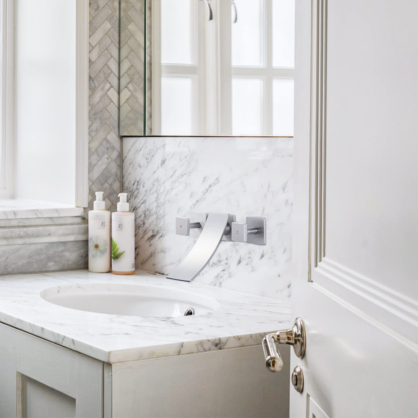 ALEASHA Waterfall 2-Handle Wall Mounted Bathroom Faucet in Brushed ...