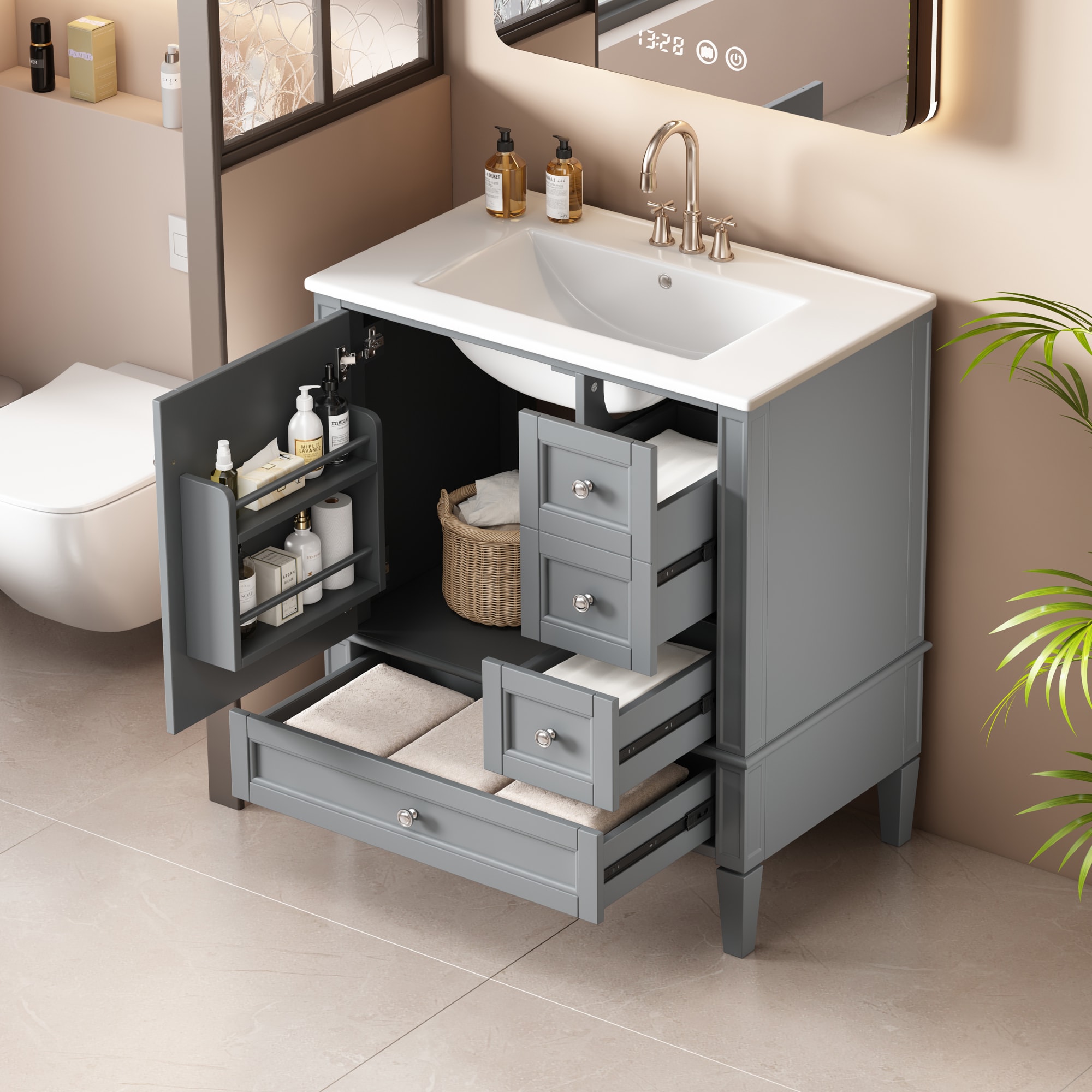 Tatayosi 30-Inch Bathroom Vanity with Ceramic Sink Grey Bathroom with 3 ...