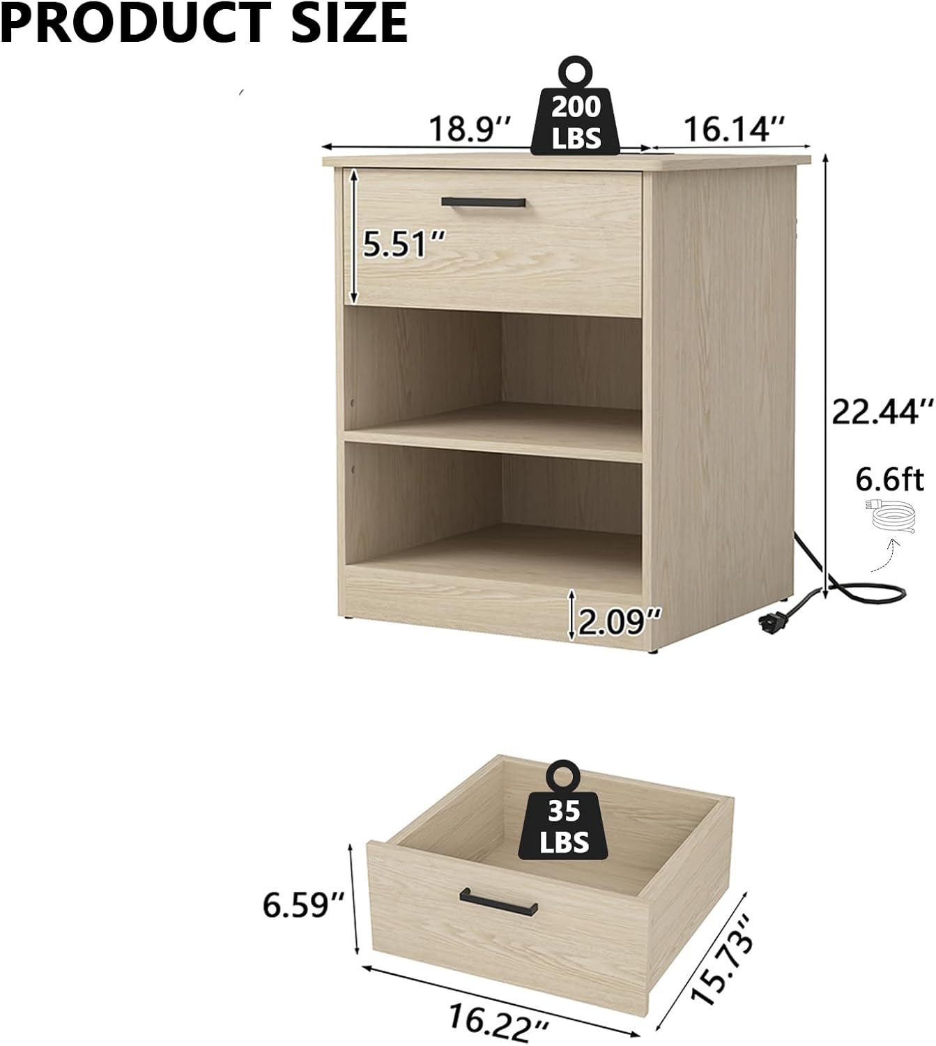 CIPACHO Natural Wooden Night Stand with Charger Station USB-C AC Ports ...