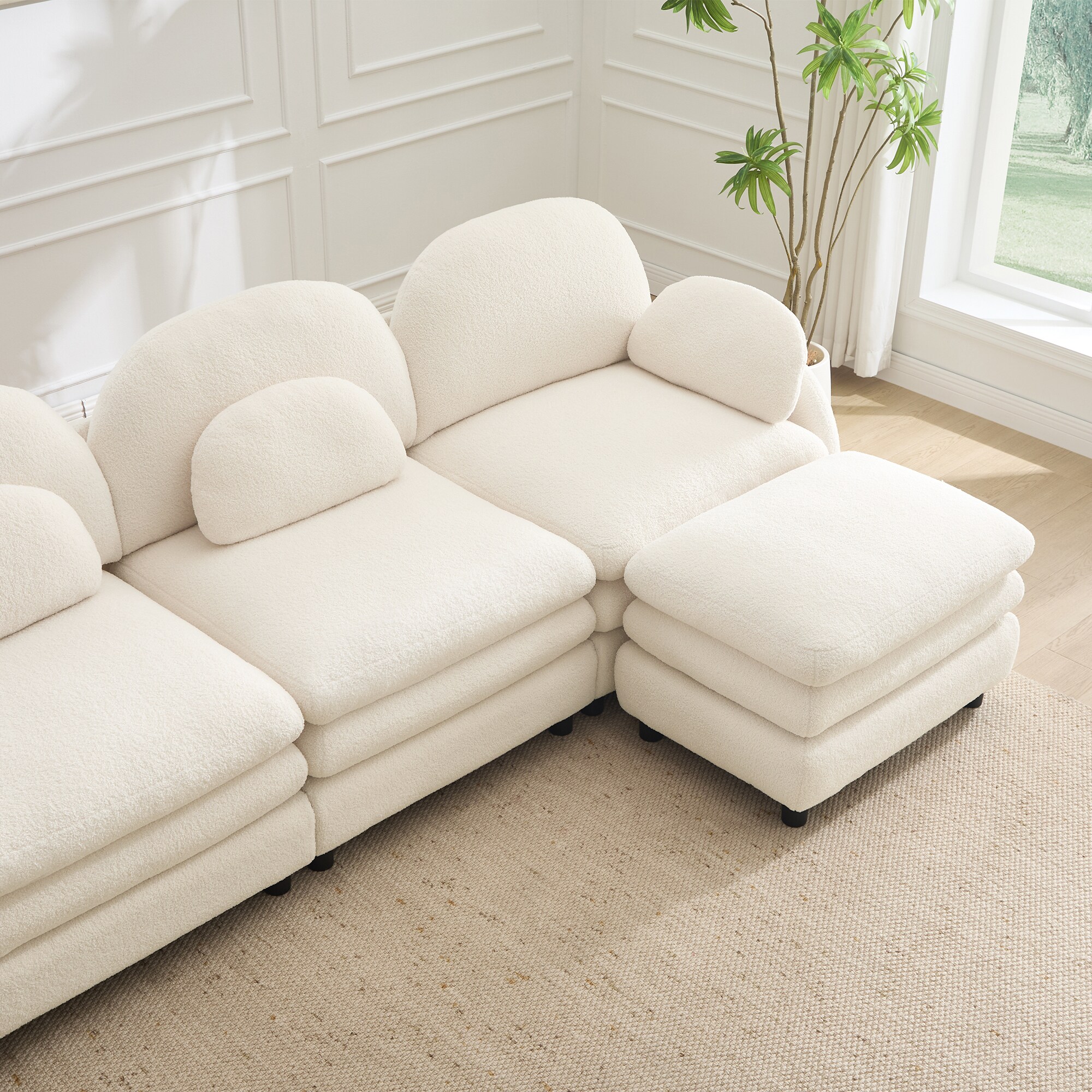 GDFStudio Teddy Fabric Cloud-like 3-Seat Sofa Curved Backrest with ...