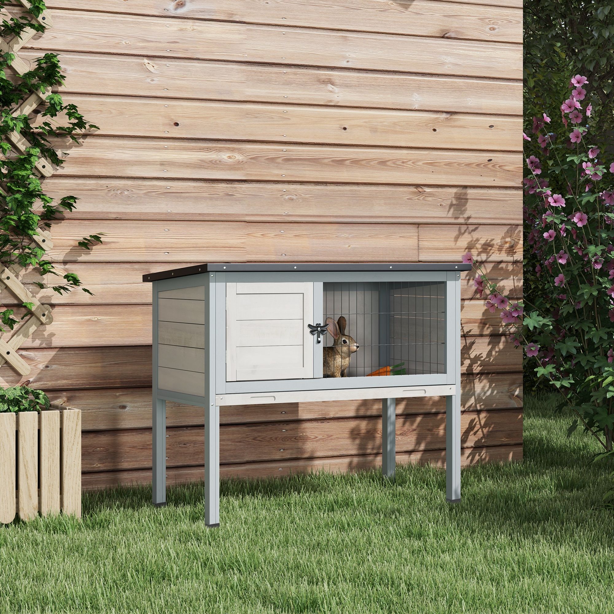JUSHUA Elevated Rabbit Hutch Wooden Bunny Cage with Hinged Asphalt Roof ...
