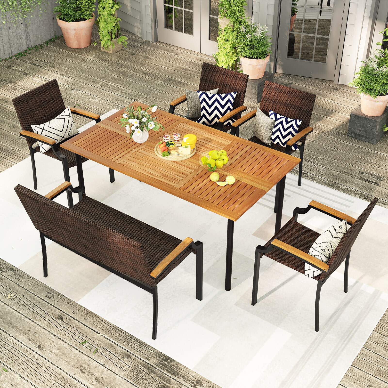 Ayelon 6 -Piece Black Rattan Patio Dining Set Wood Rectangle Table with ...