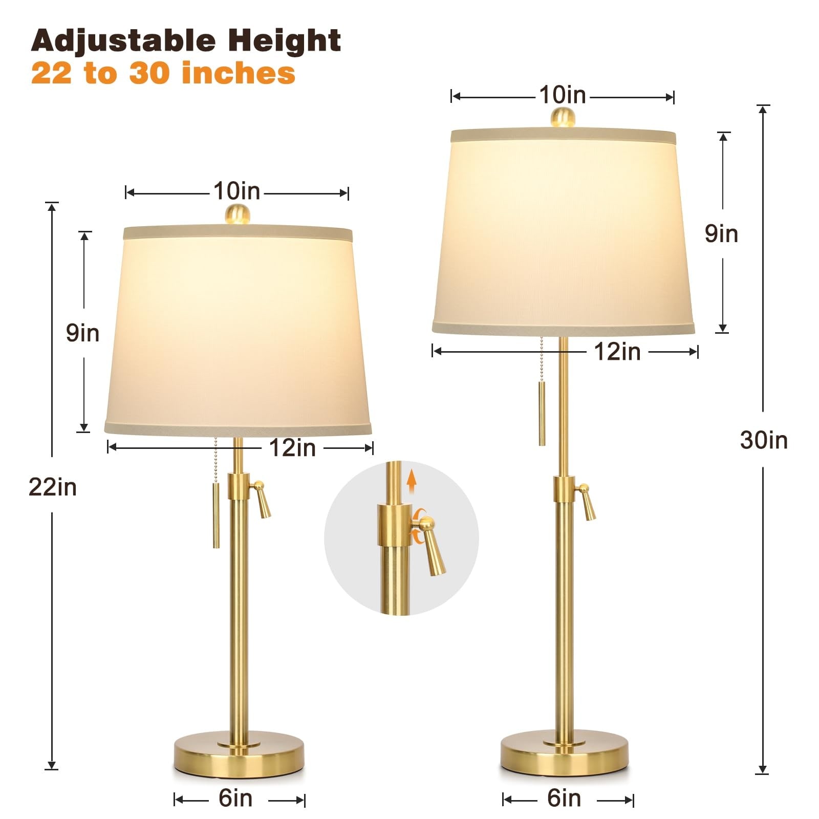 Lukvuzo 2 Pack 22 to 30 Inch Adjustable Height Gold Table Lamps with ...
