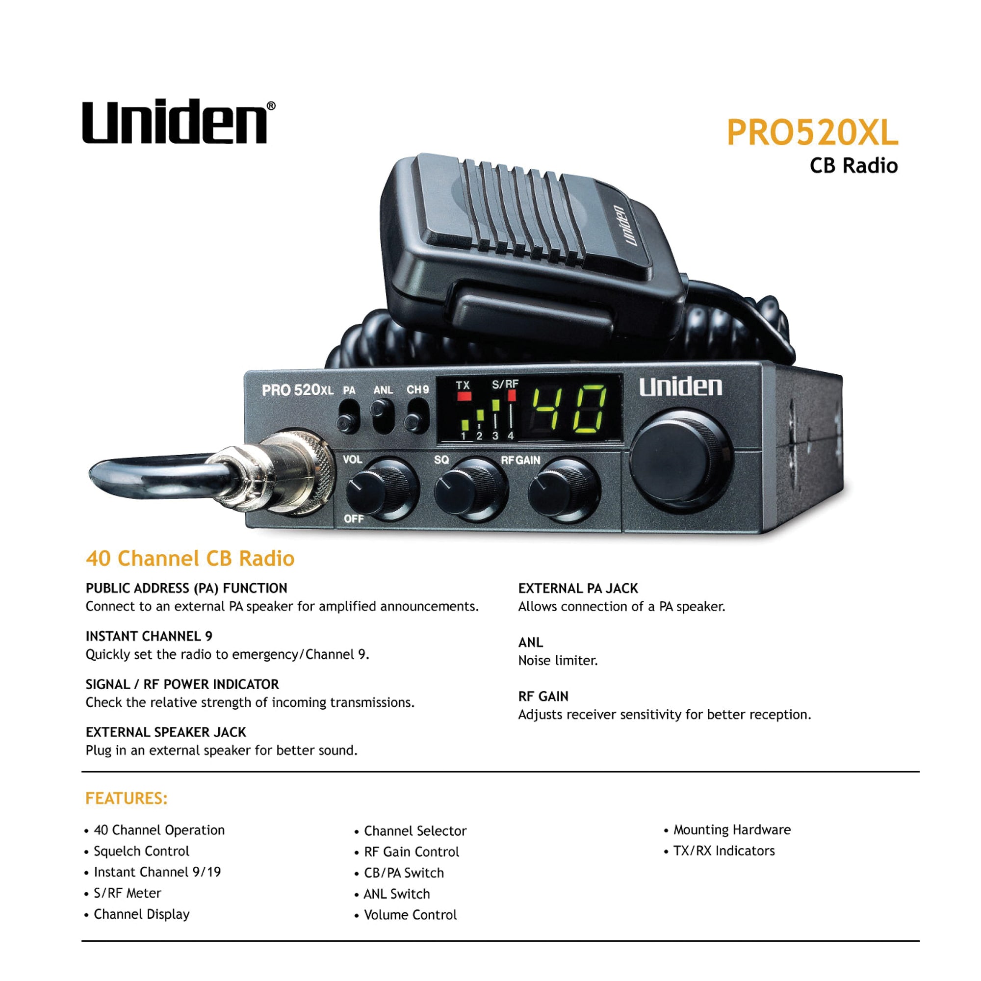 Uniden Uniden Professional Series 40-Channel Compact CB Radio, PRO520XL ...