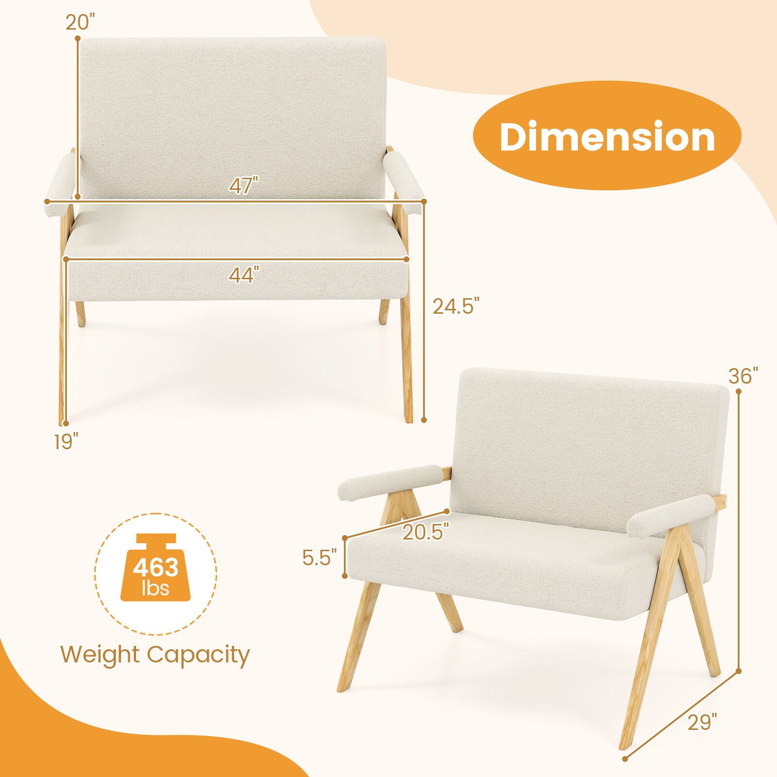 SUGIFT Loveseat Sofa with Padded Armrests Wooden Legs 463-lb Capacity ...