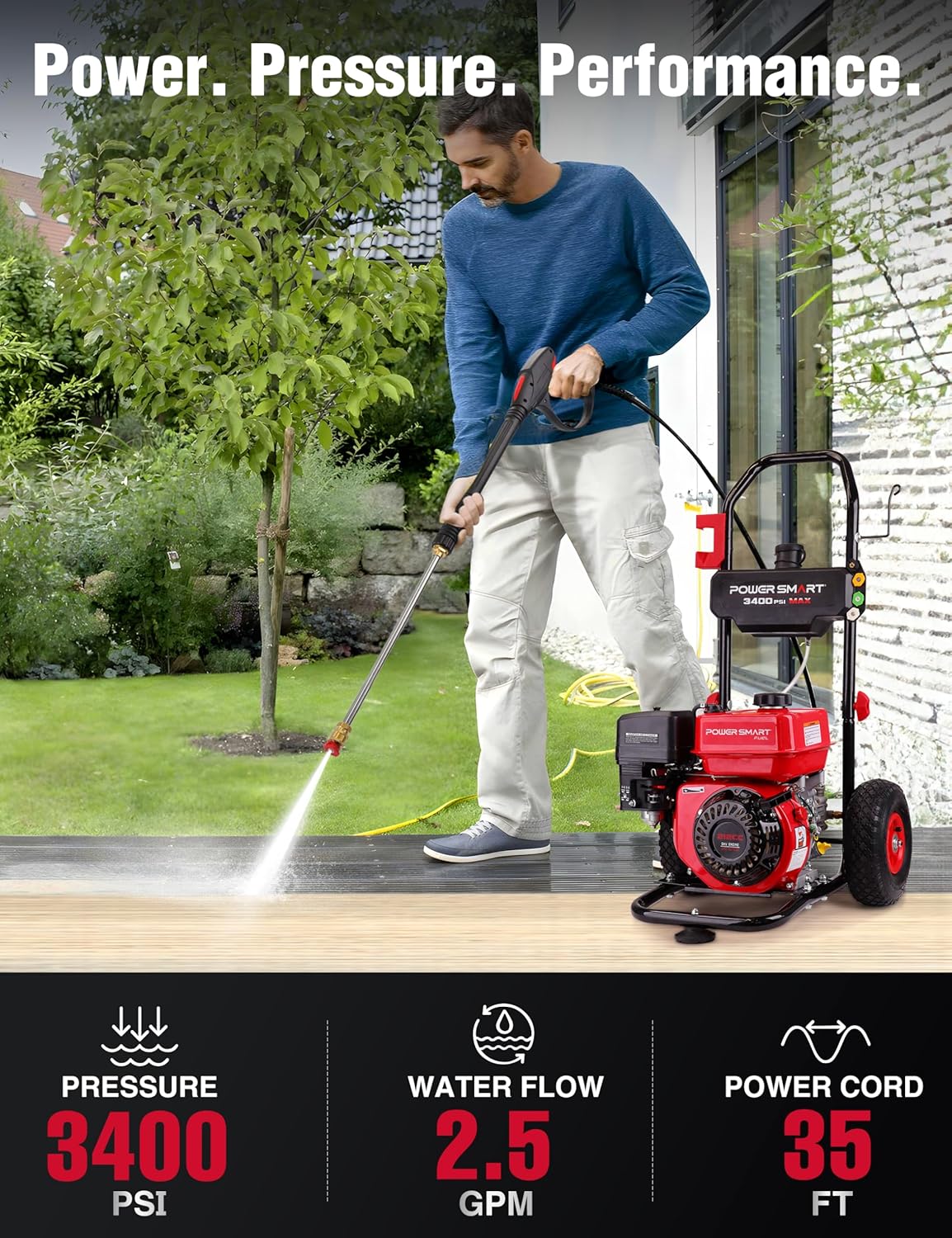 PowerSmart Gas Pressure Washer 3400 PSI 2.5 GPM 212CC with Onboard Soap ...